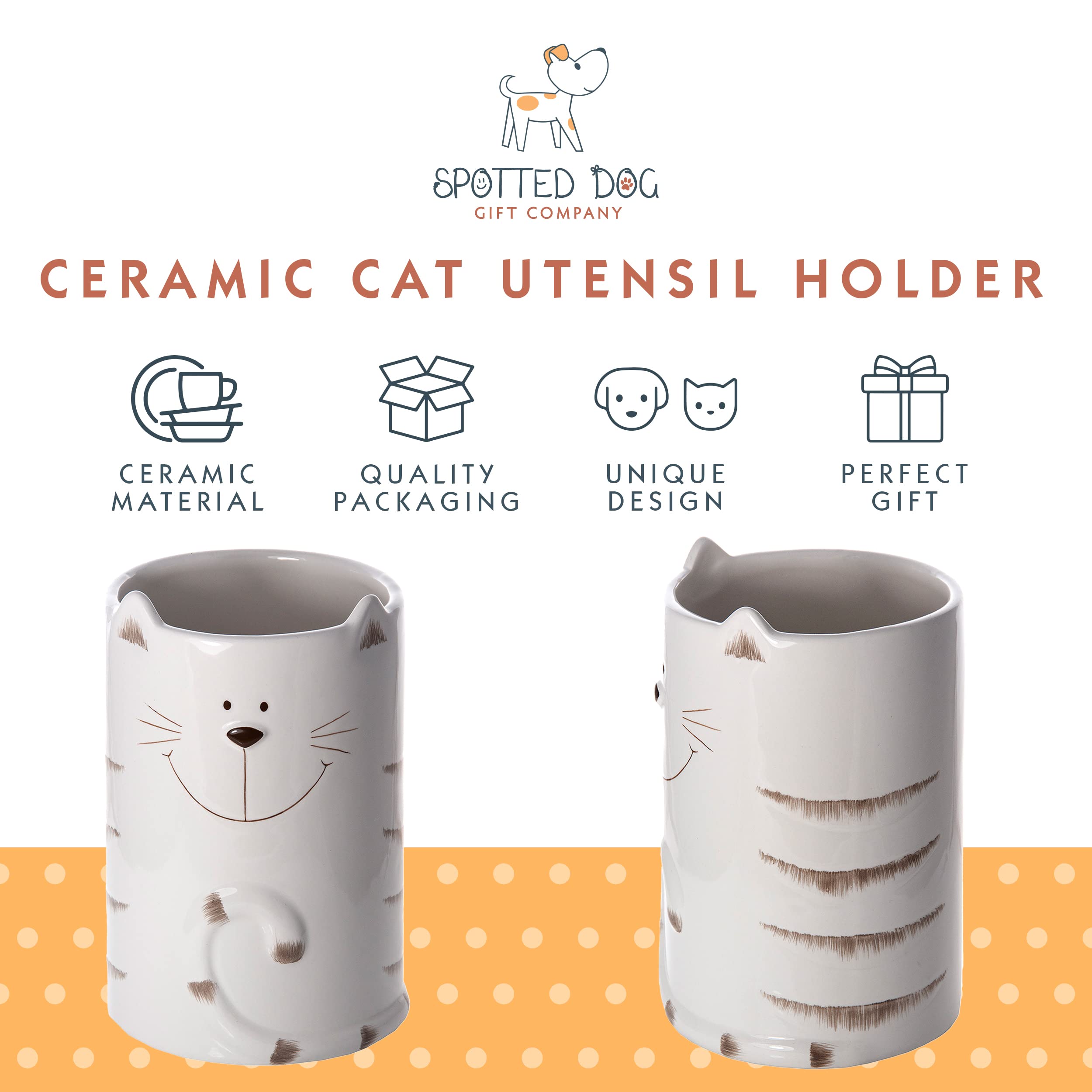 SPOTTED DOG GIFT COMPANY Ceramic Utensil Holder for Kitchen Counter, Utensil Crock for Countertop, Decorative Cat Themed Home Kitchen Decor Accessories, Gifts Cat Lovers, White 4.3" x 6.3"