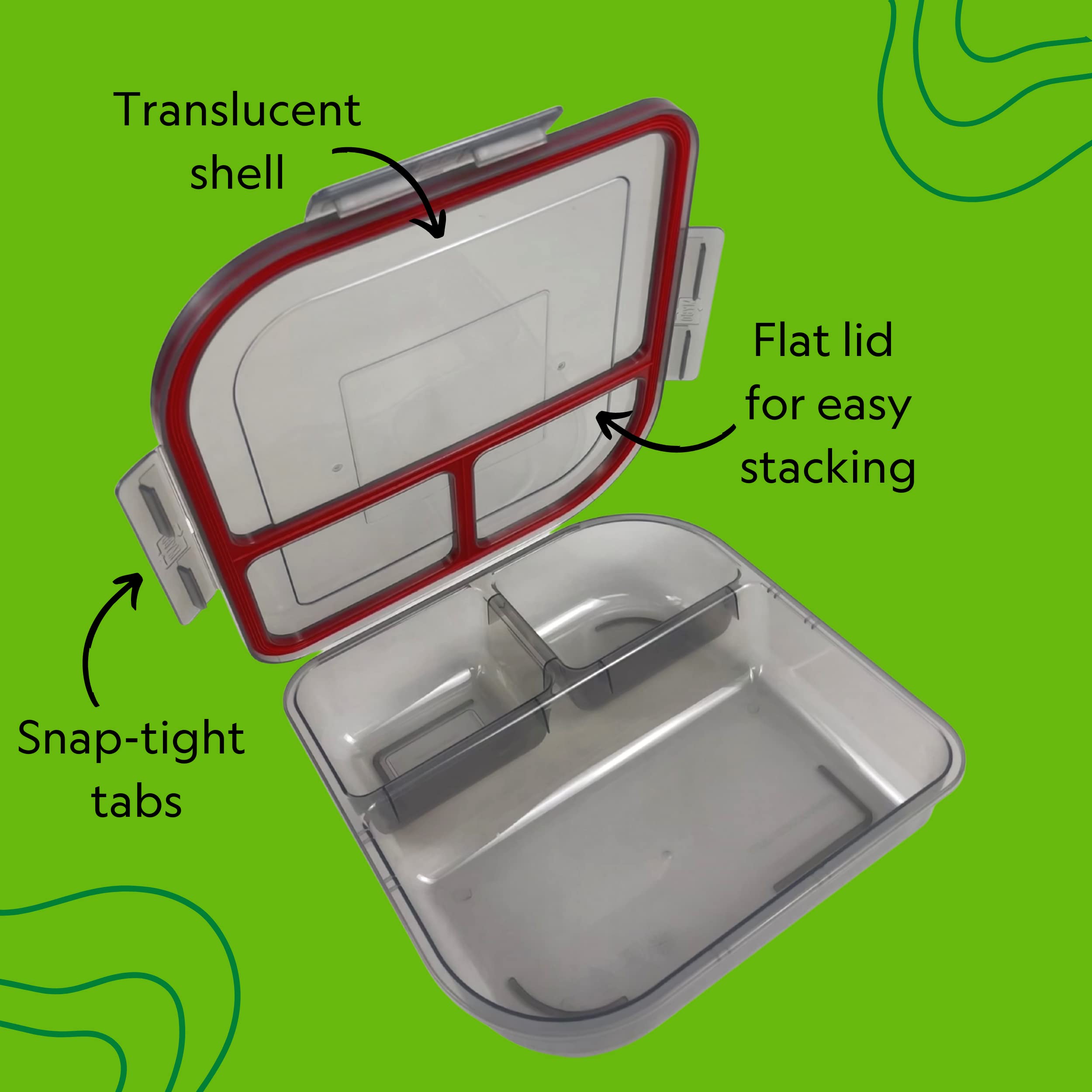 MyGo Container Large To-Go 3-Compartment Food Container, 9-3/8" X 9-3/8" X 2-1/2", Reusable, Microwave Safe, Smoke/Red