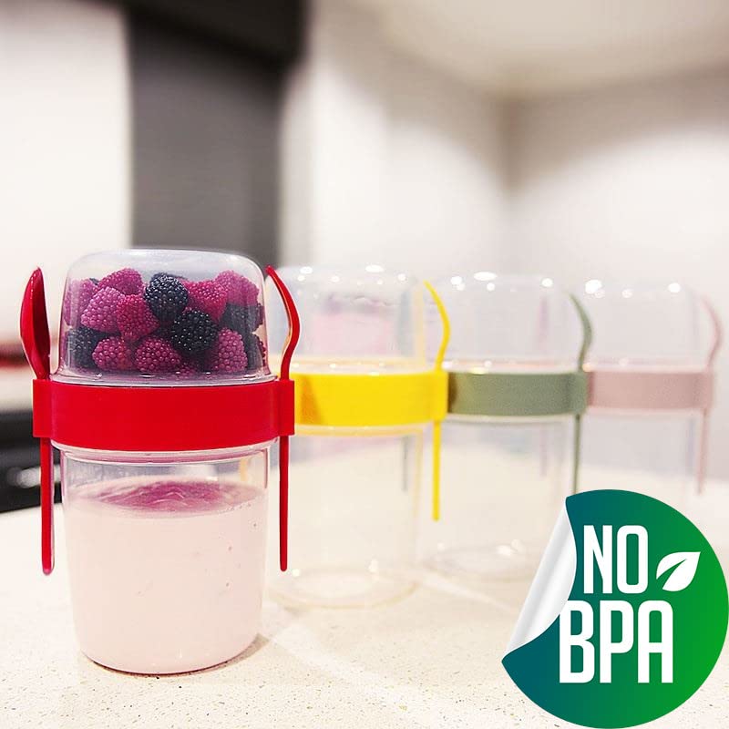 GanoOne On the Go Cups, Take and Go Cup with Topping Cereal or Oatmeal Container, Portable Lux Cereal To-Go Container with Top Lid Granola & Fruit Compartment (Red)