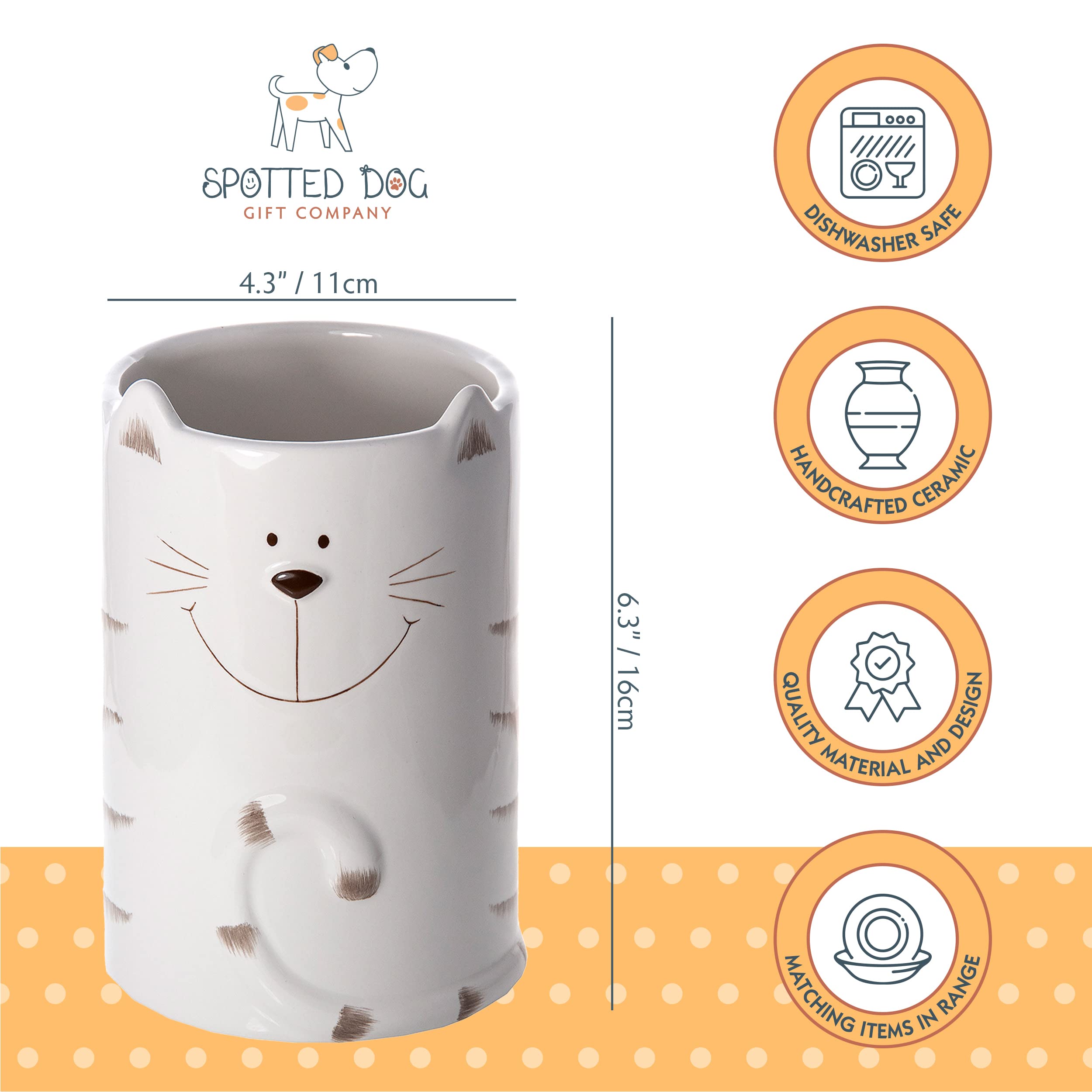 SPOTTED DOG GIFT COMPANY Ceramic Utensil Holder for Kitchen Counter, Utensil Crock for Countertop, Decorative Cat Themed Home Kitchen Decor Accessories, Gifts Cat Lovers, White 4.3" x 6.3"
