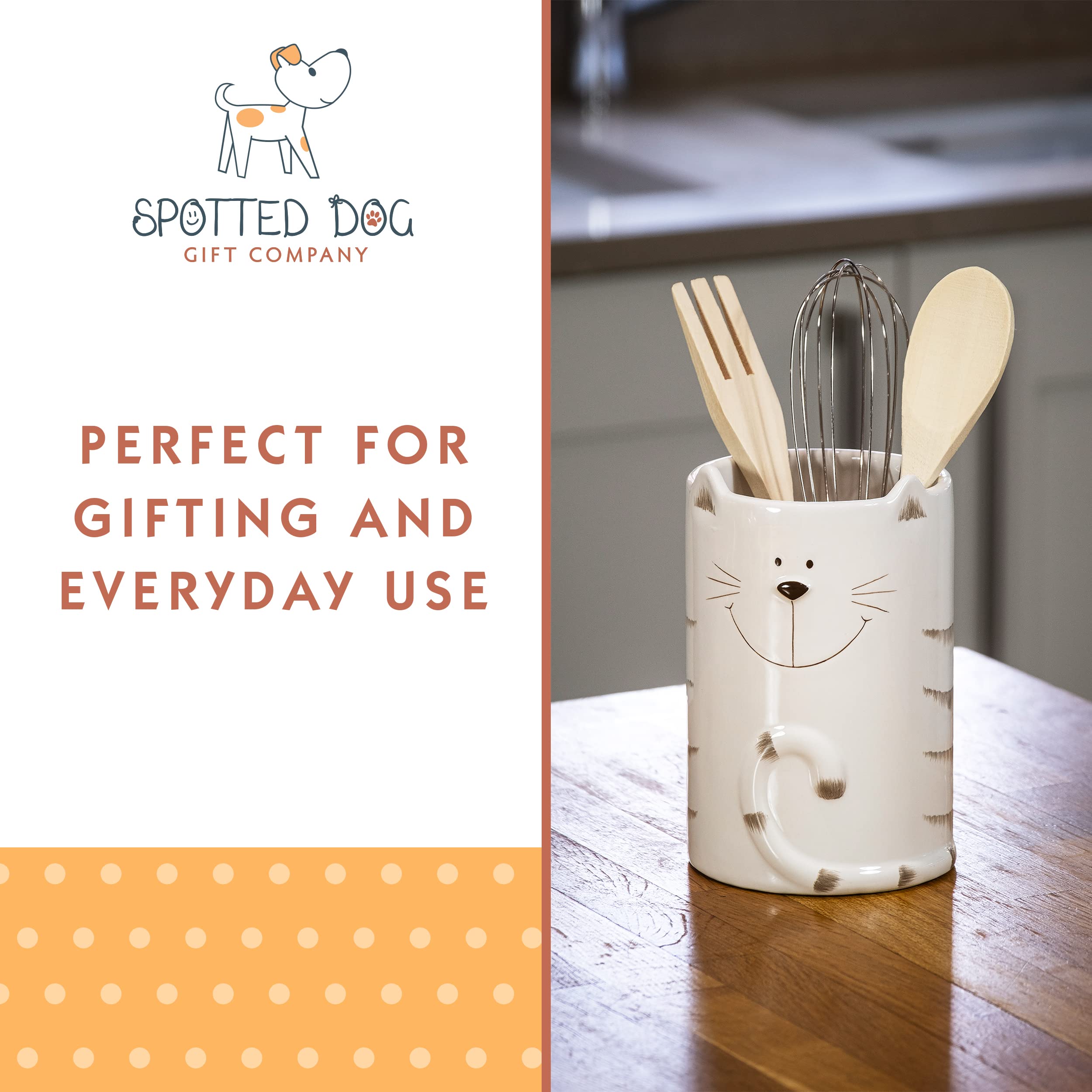 SPOTTED DOG GIFT COMPANY Ceramic Utensil Holder for Kitchen Counter, Utensil Crock for Countertop, Decorative Cat Themed Home Kitchen Decor Accessories, Gifts Cat Lovers, White 4.3" x 6.3"