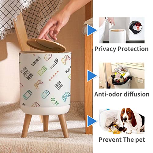 QOR88NJOG Trash Can with Lid Gamepad Seamless Texture with Console Videogame Controllers and Game Wood Small Garbage Bin Waste Bin for Kitchen Bathroom Bedroom Press Cover Wastebasket 7L/1.8 Gallon