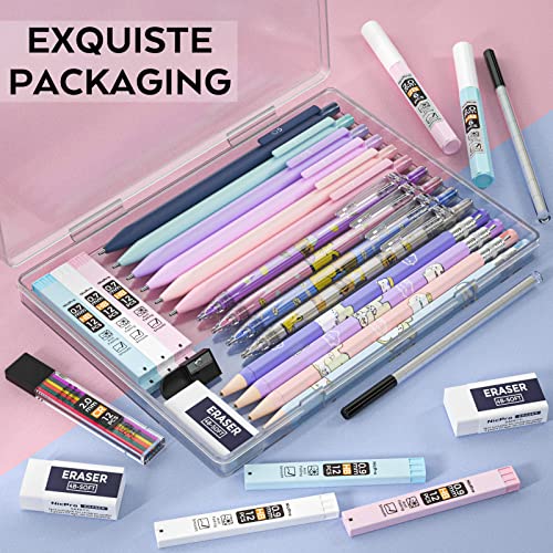 Nicpro 14 PCS Pastel Mechanical Pencil Set in Case, Cute Art Pencils Bulk 0.5 & 0.7 & 0.9 mm & 2mm Graphite Lead Holder, (2B HB Colors) Lead Refills, Erasers For School Drafting Sketching Drawing