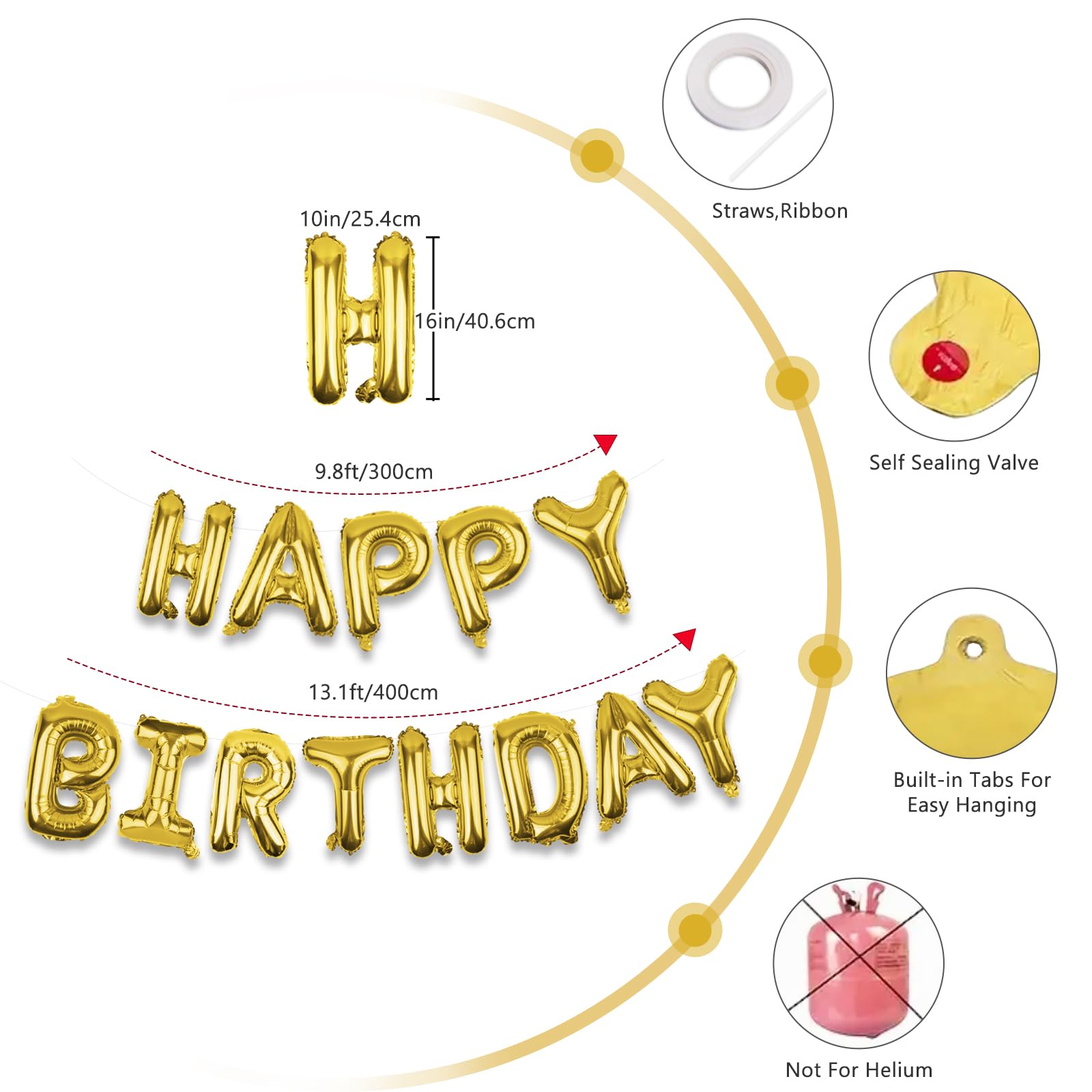Happy Birthday Banner (3D Gold Lettering) Mylar Foil Letters | Inflatable Party Decor and Event Decorations for Kids and Adults | Reusable, Ecofriendly Fun