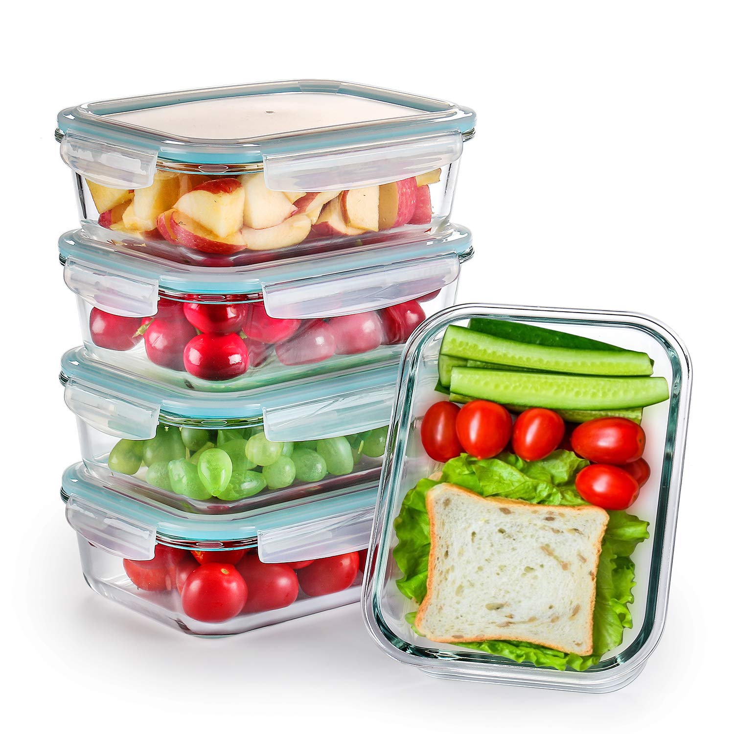 KERUITA [5-Pack,36 OZ Glass Bowl Meal Prep Containers - Glass Storage Containers with lids - Glass Lunch Bowl Airtight Leakproof Bento Box (1 Compartment)