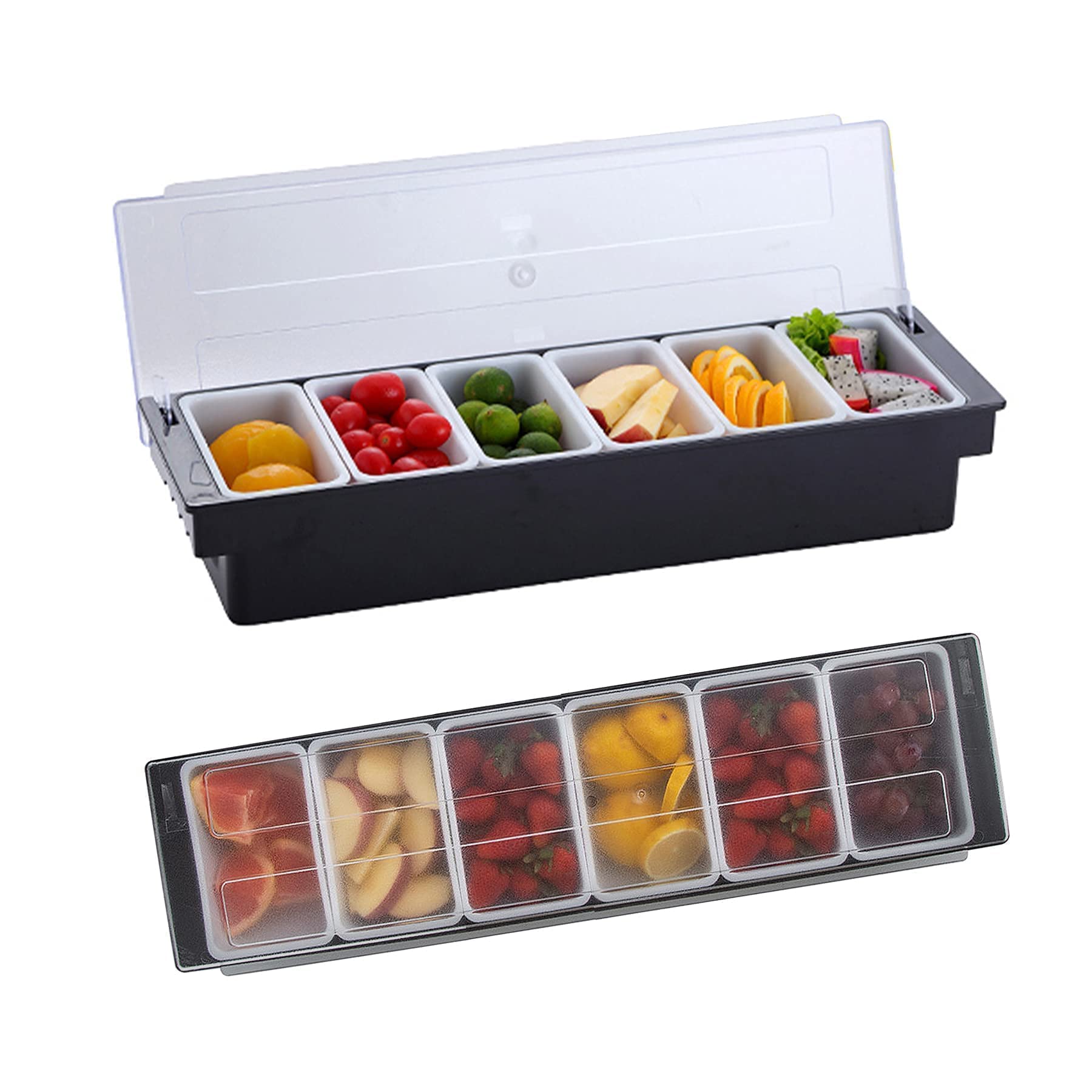 Bar Top Food Condiment Dispenser Container with Lid, Plastic Garnish Tray Station for Fruit, Veggie, Salad - Ice Cooled Topping Kitchen Organizer for Bar Home Restaurant Supplies & Serving (6 Tray)