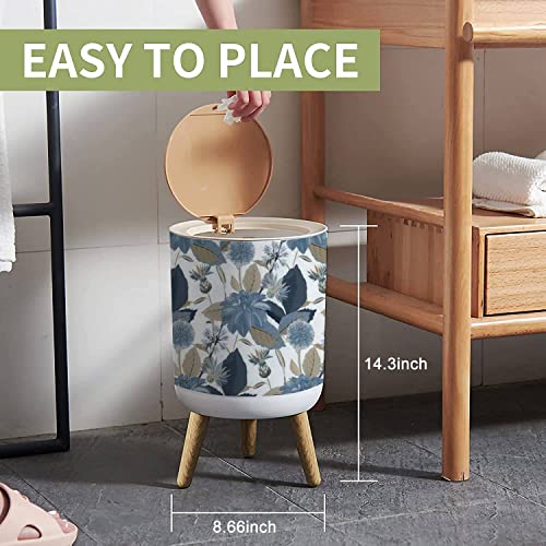 Small Trash Can with Lid floral seamless Flower Seamless with blue cornflowers dahlias thistles Garbage Bin Wood Waste Bin Press Cover Round Wastebasket for Bathroom Bedroom Diaper Office Kitchen
