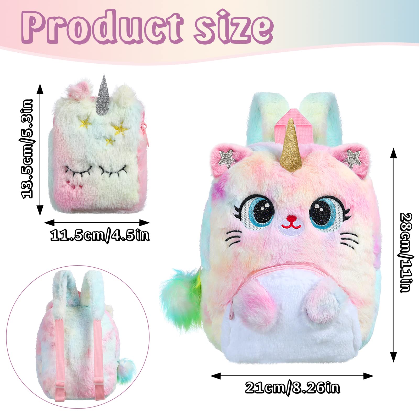 2Pcs Unicorn Cat Backpack Purse Set, Kawaii Cute Colorful Unicorn Cat Kitty Shoulder Bag Gift Set for Kids Toddler Girls