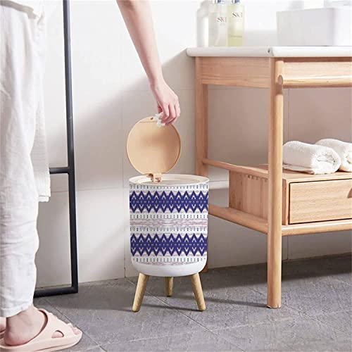 Small Trash Can with Lid Beautiful ikat seamless Native thai colorful weaves Ethnic tribal ikat Waste Bin with Wood Legs Press Cover Wastebasket Round Garbage Bin for Kitchen Bathroom Bedroom Office