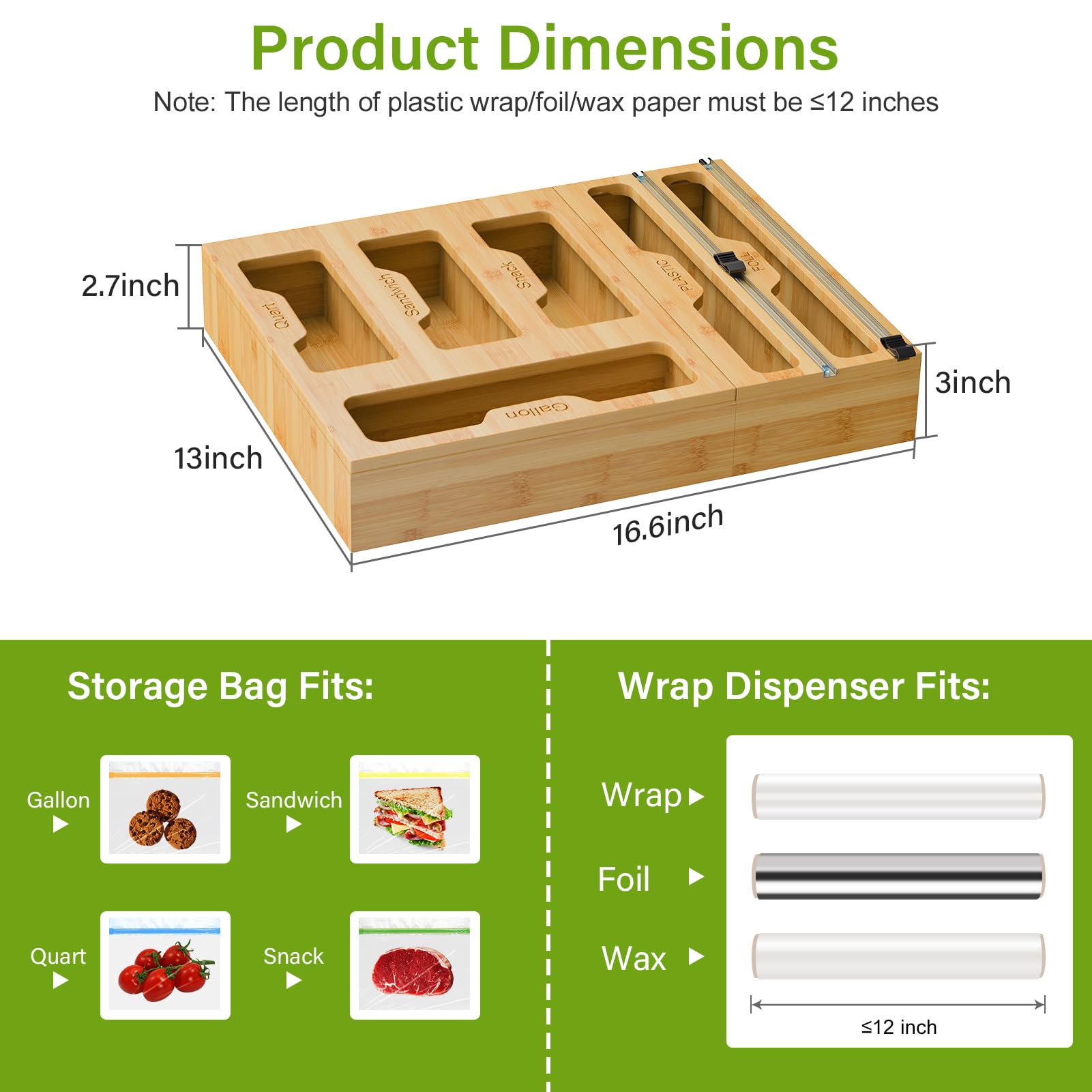 4 Slots Bag Organizer and 2 Foil Plastic Wrap Cutter Dispenser Separated, Bamboo Bag Storage Organizers for Kitchen Drawer, Baggie Organizer for for Gallon, Quart Sandwich & Snack Bags