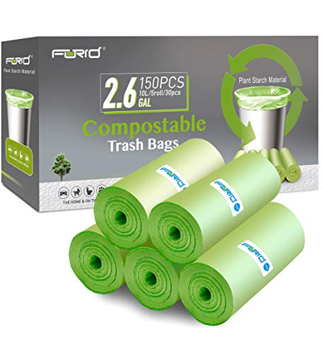 Small Trash Bags - FORID 2.6 Gallon Compostable Garbage Bags 150 Count Mini Strong Trash Can Liners 10 Liter Unscented Wastebasket Bags for Kitchen Bathroom Home Office (5Rolls/Green)