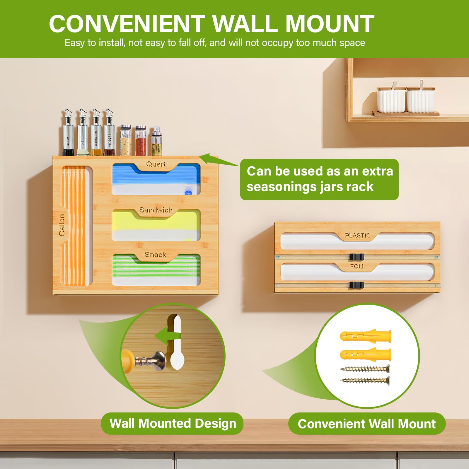 4 Slots Bag Organizer and 2 Foil Plastic Wrap Cutter Dispenser Separated, Bamboo Bag Storage Organizers for Kitchen Drawer, Baggie Organizer for for Gallon, Quart Sandwich & Snack Bags