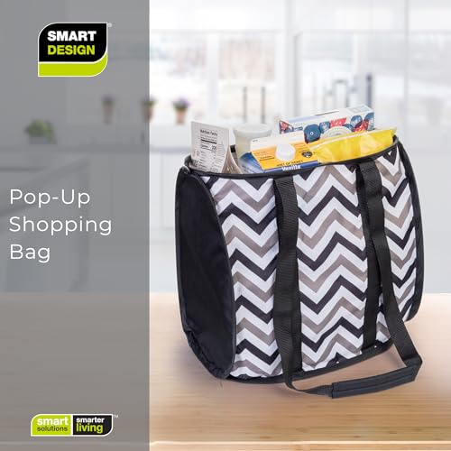 Smart Design Pop-Up Shopping Bag - Reusable - Large - Heavy Duty Polyester - Folds Flat - Supermarket, Trunk Storage - Home Organization (15 x 10 Inch) [Chevron w/Black Trim]
