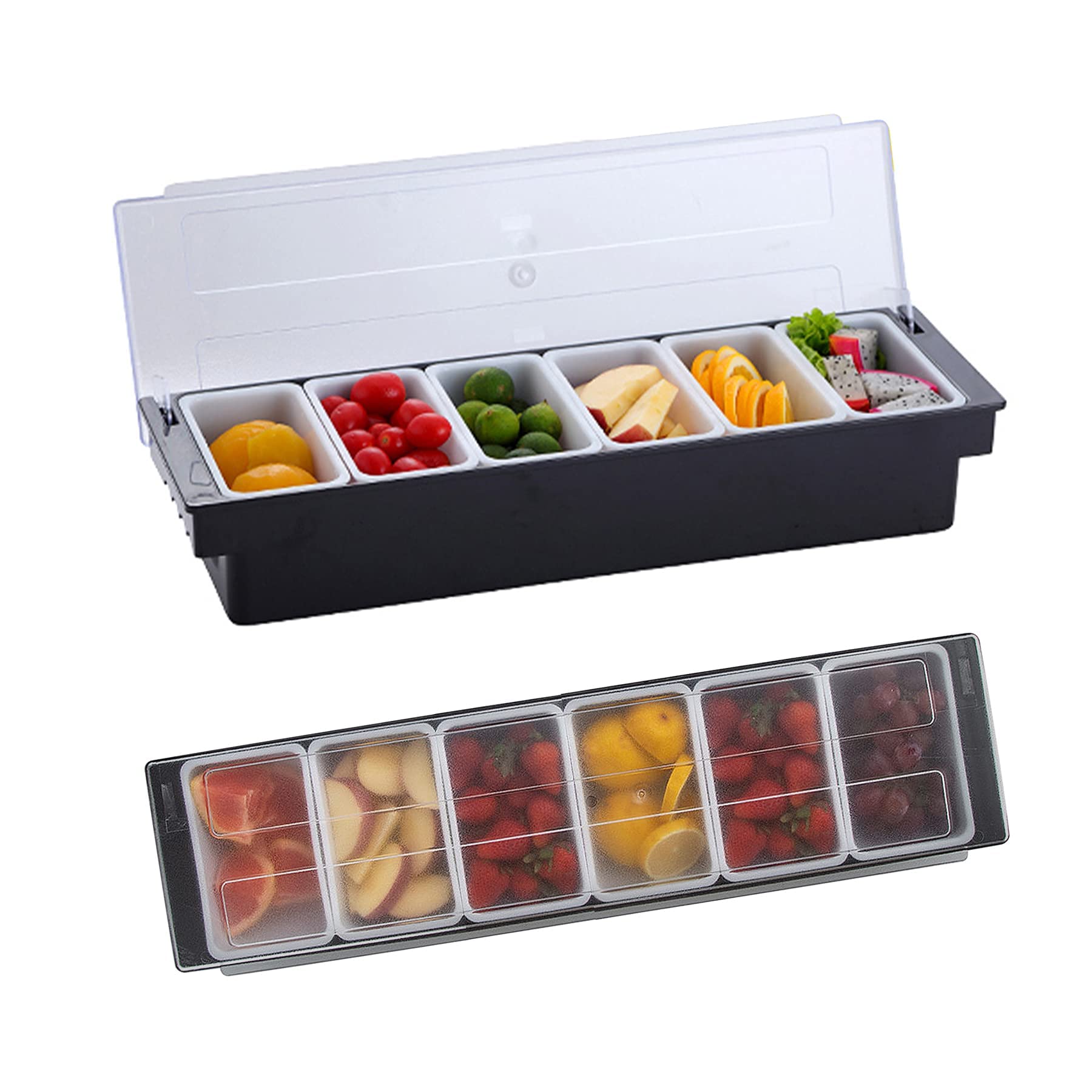 Bar Top Food Condiment Dispenser Container with Lid, Plastic Garnish Tray Station for Fruit, Veggie, Salad - Ice Cooled Topping Kitchen Organizer for Bar Home Restaurant Supplies & Serving (6 Tray)