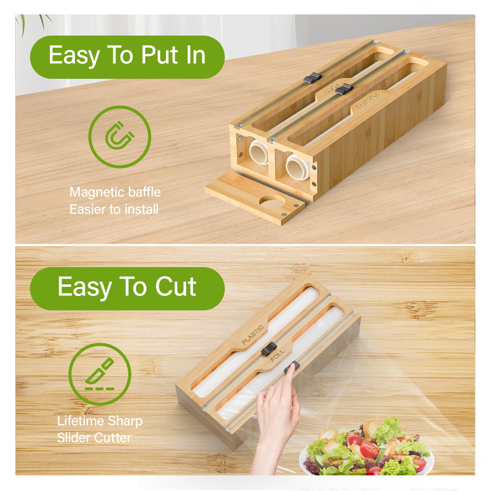 4 Slots Bag Organizer and 2 Foil Plastic Wrap Cutter Dispenser Separated, Bamboo Bag Storage Organizers for Kitchen Drawer, Baggie Organizer for for Gallon, Quart Sandwich & Snack Bags