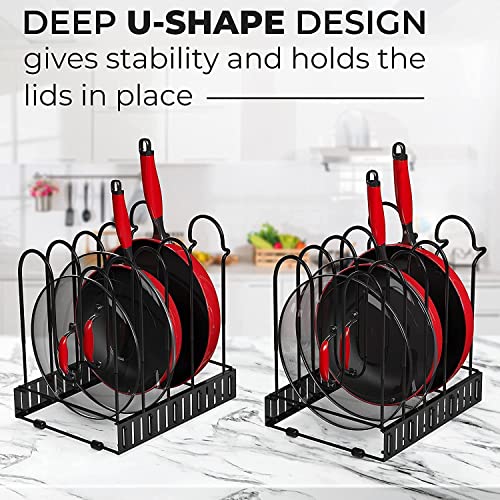 STORLUX Pots and Pans Organizer : Rack for under Cabinet, Expandable Pot Lid Kitchen Cabinet Organizer Holder with 10 Adjustable Compartment, for Cutting Board, Cast-iron Pan, Heavy Cookware