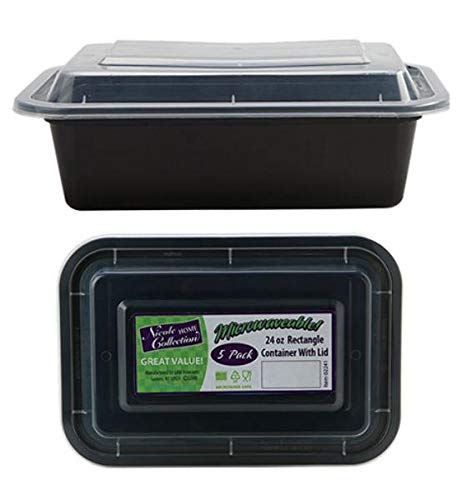 Nicole Home Collection Rectangular Food 24 oz | 7" x 5" | Black | Pack of 5 Microwaveable Containers with Lid (02241)