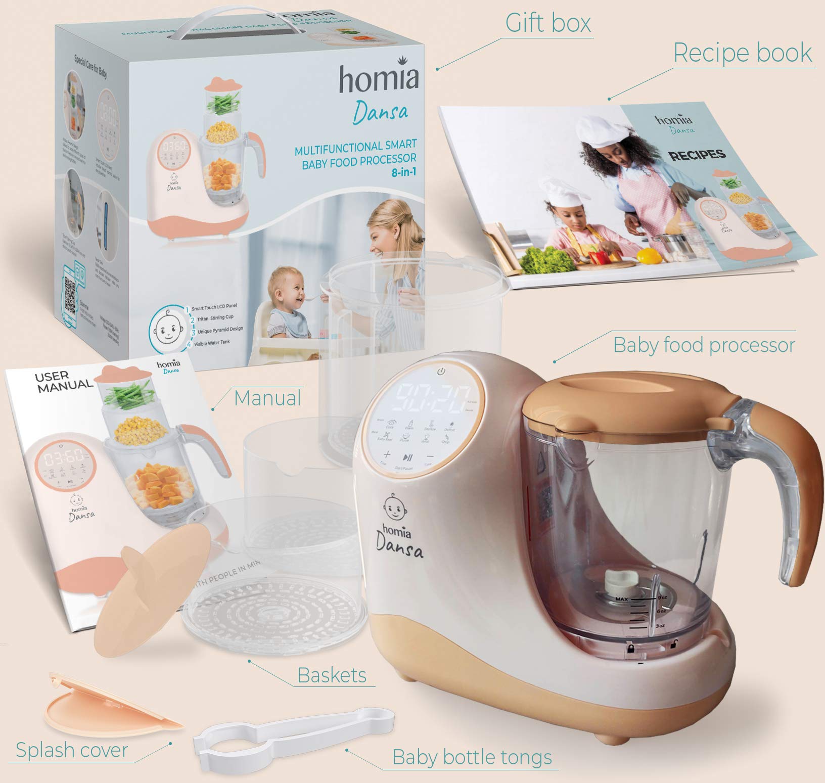 Baby Food Maker Chopper Grinder - Mills and Steamer 8 in 1 Processor for Toddlers - Steam, Blend, Chop, Disinfect, Clean, 20 Oz Tritan Stirring Cup, Touch Control Panel, Auto Shut-Off, 110V Only