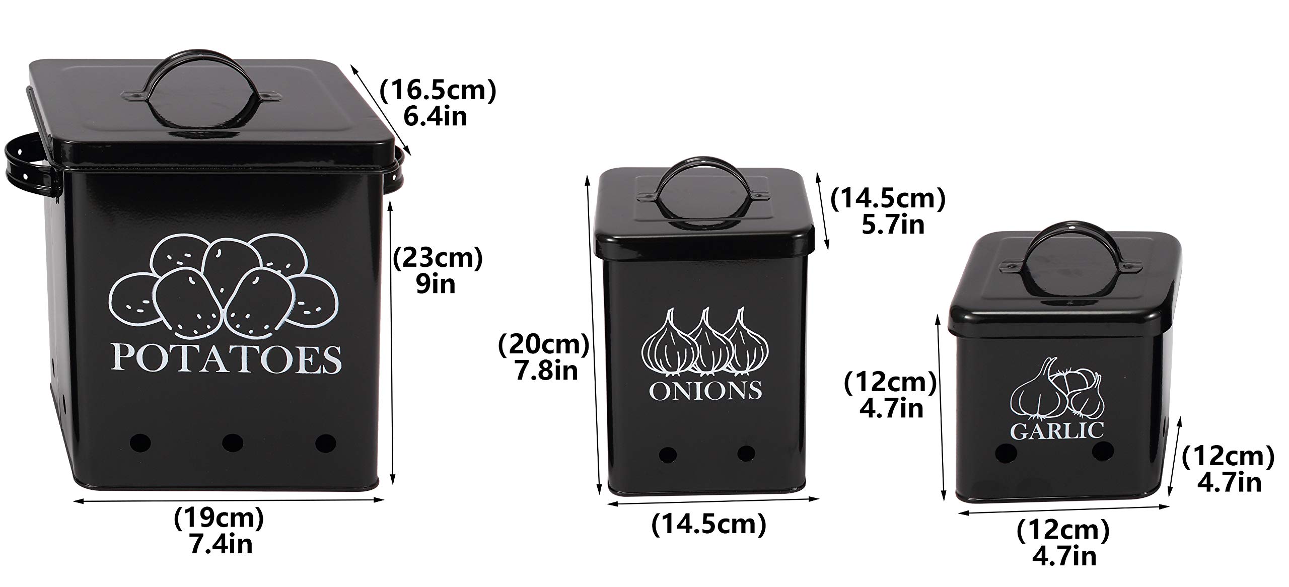 Potato Onion Kitchen Storage Canisters Jars Pots Containers 3 Pack Set - Potatoe, Garlic Bin Caddy, Long Shelf Life With Aerating Tin Storage Holes-Black