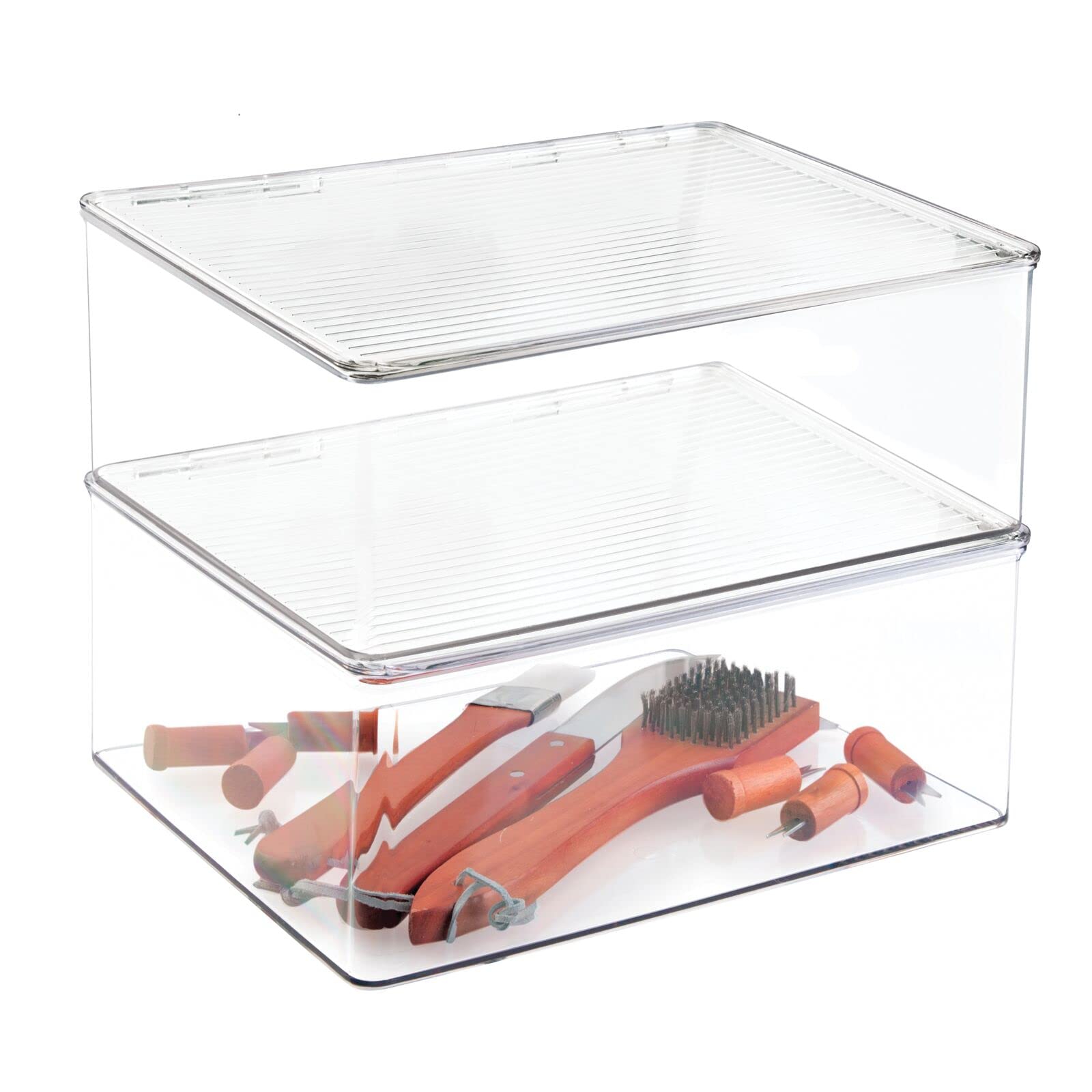 mDesign Plastic Kitchen Pantry and Fridge Storage Organizer Box Containers with Hinged Lid for Shelves or Cabinets, Holds BBQ Tools, Seasoning, Condiments, Utensils, Ligne Collection, 2 Pack, Clear