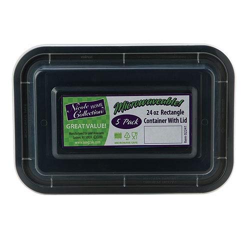 Nicole Home Collection Rectangular Food 24 oz | 7" x 5" | Black | Pack of 5 Microwaveable Containers with Lid (02241)