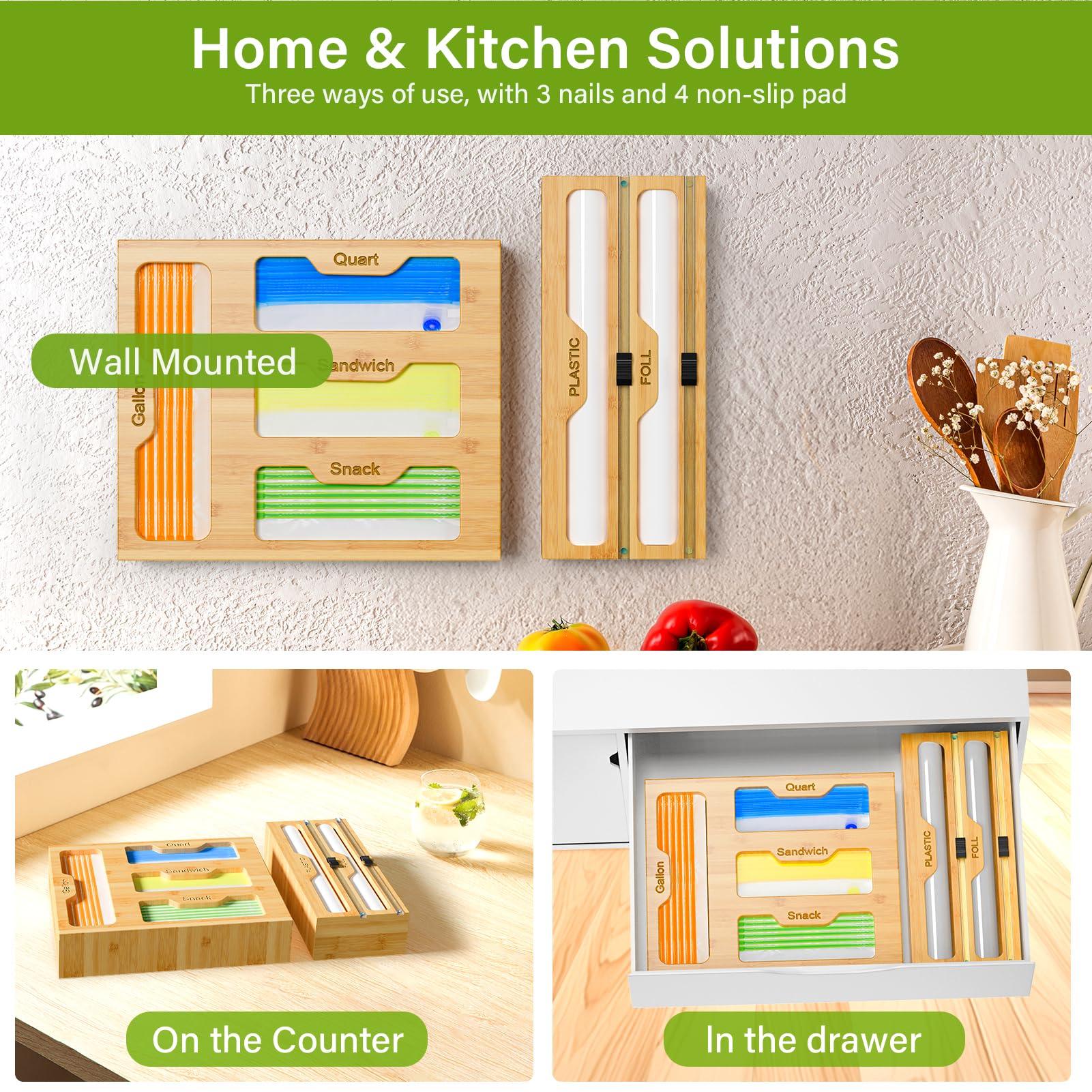 4 Slots Bag Organizer and 2 Foil Plastic Wrap Cutter Dispenser Separated, Bamboo Bag Storage Organizers for Kitchen Drawer, Baggie Organizer for for Gallon, Quart Sandwich & Snack Bags