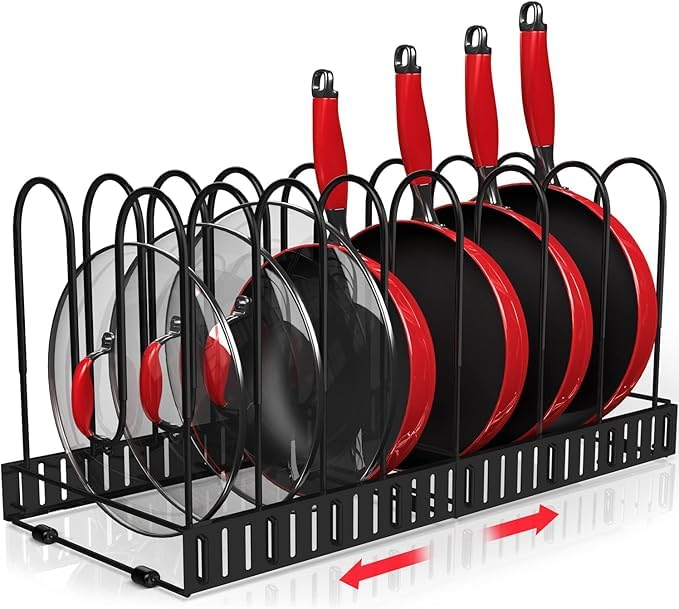 STORLUX Pots and Pans Organizer : Rack for under Cabinet, Expandable Pot Lid Kitchen Cabinet Organizer Holder with 10 Adjustable Compartment, for Cutting Board, Cast-iron Pan, Heavy Cookware
