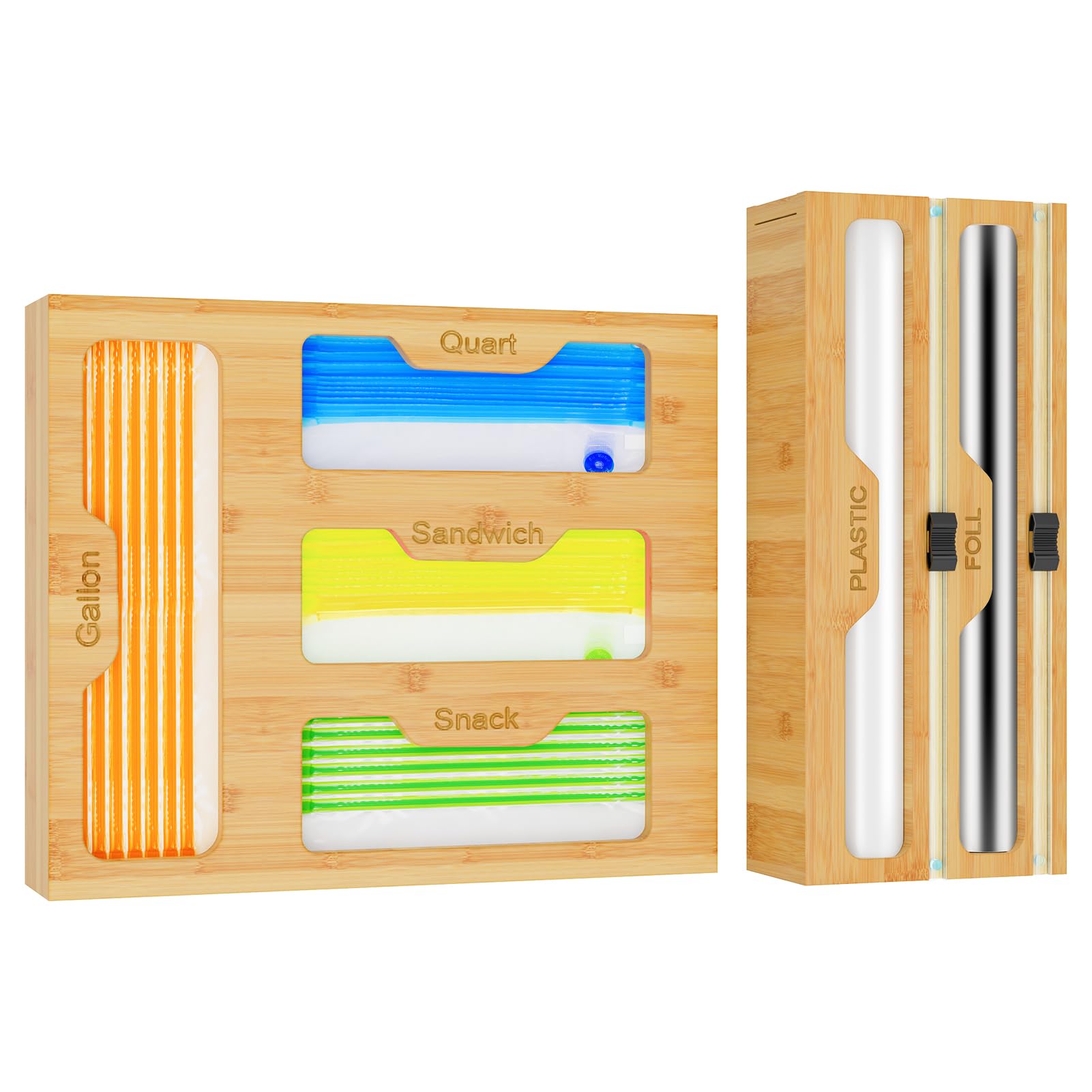 4 Slots Bag Organizer and 2 Foil Plastic Wrap Cutter Dispenser Separated, Bamboo Bag Storage Organizers for Kitchen Drawer, Baggie Organizer for for Gallon, Quart Sandwich & Snack Bags