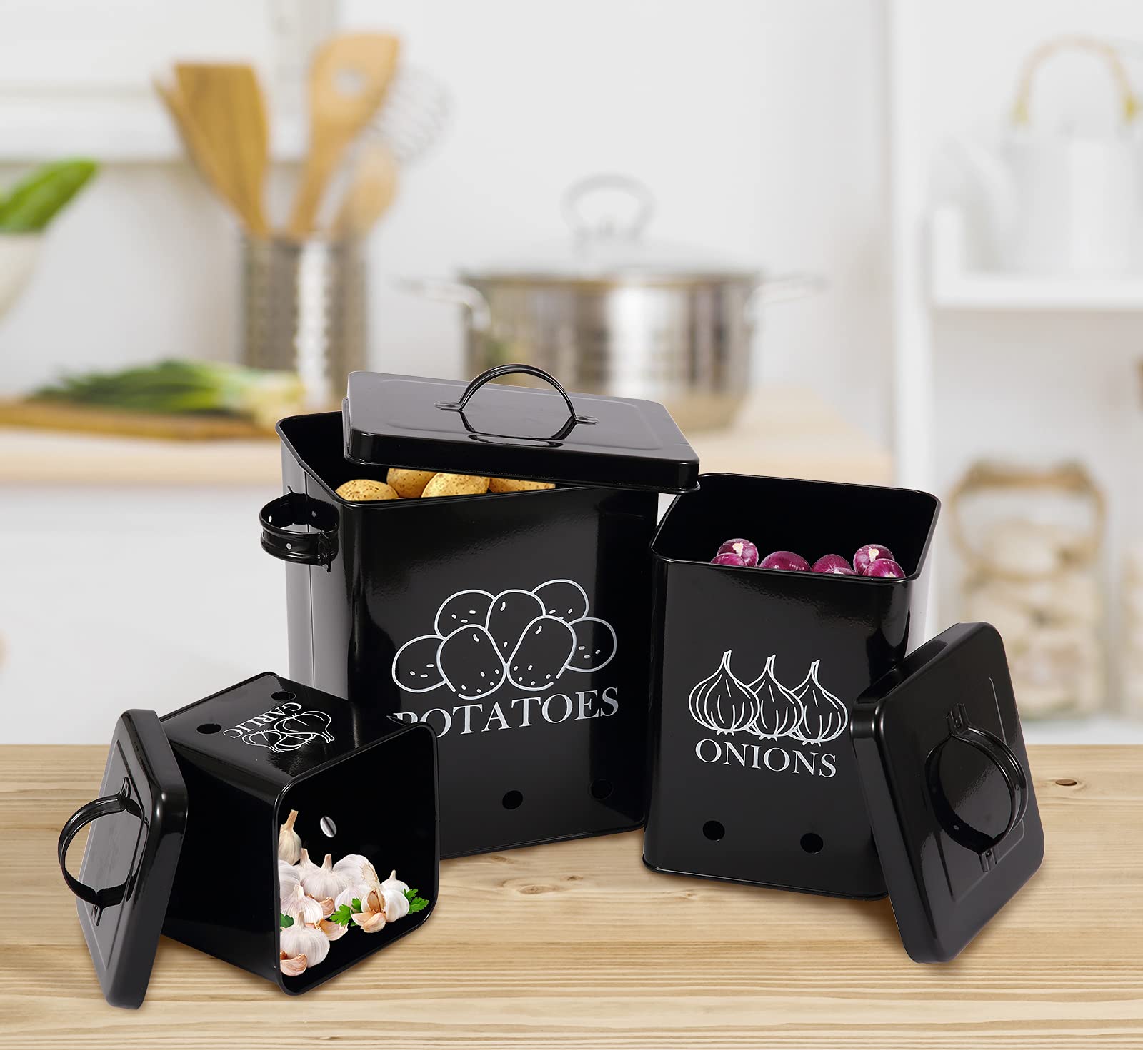 Potato Onion Kitchen Storage Canisters Jars Pots Containers 3 Pack Set - Potatoe, Garlic Bin Caddy, Long Shelf Life With Aerating Tin Storage Holes-Black