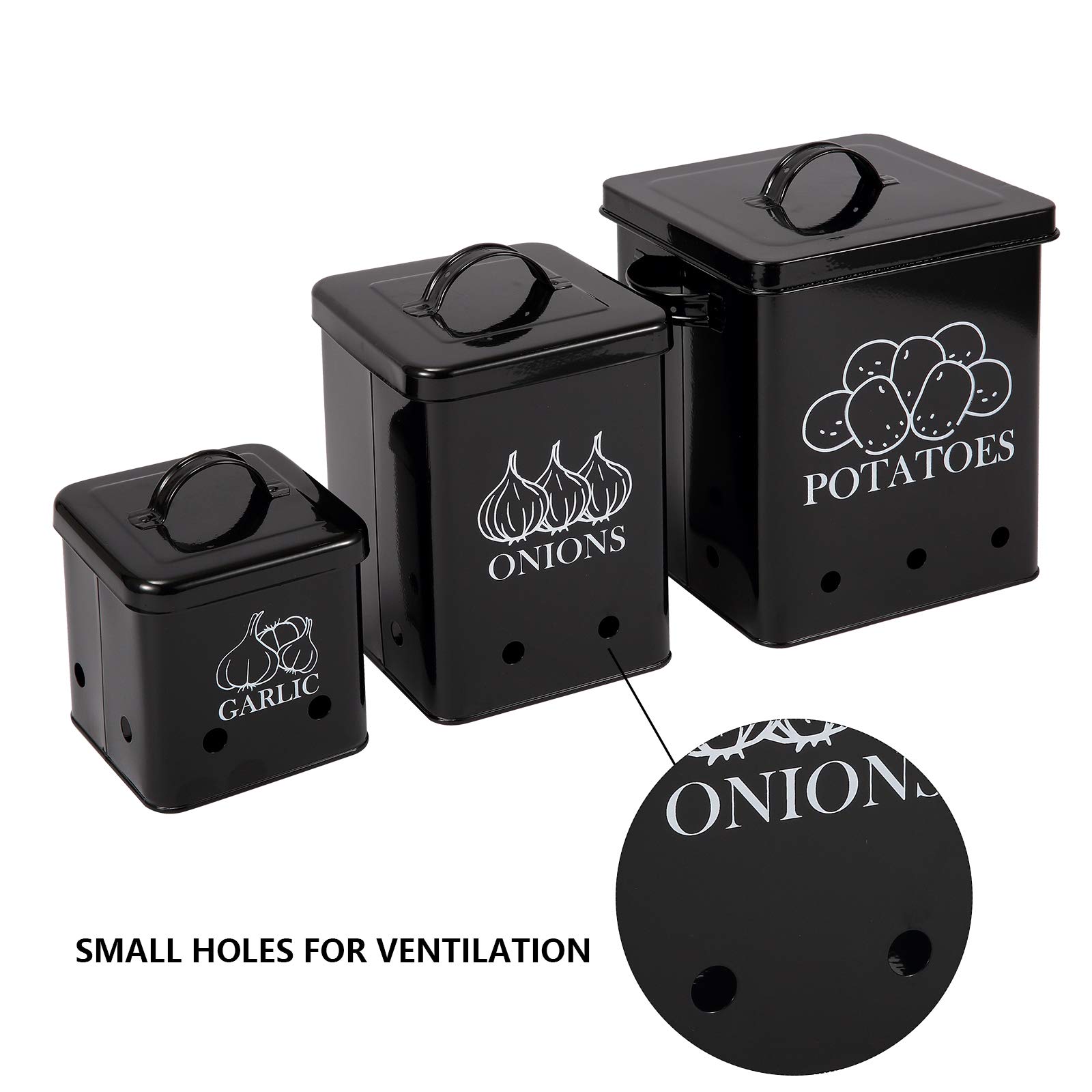Potato Onion Kitchen Storage Canisters Jars Pots Containers 3 Pack Set - Potatoe, Garlic Bin Caddy, Long Shelf Life With Aerating Tin Storage Holes-Black