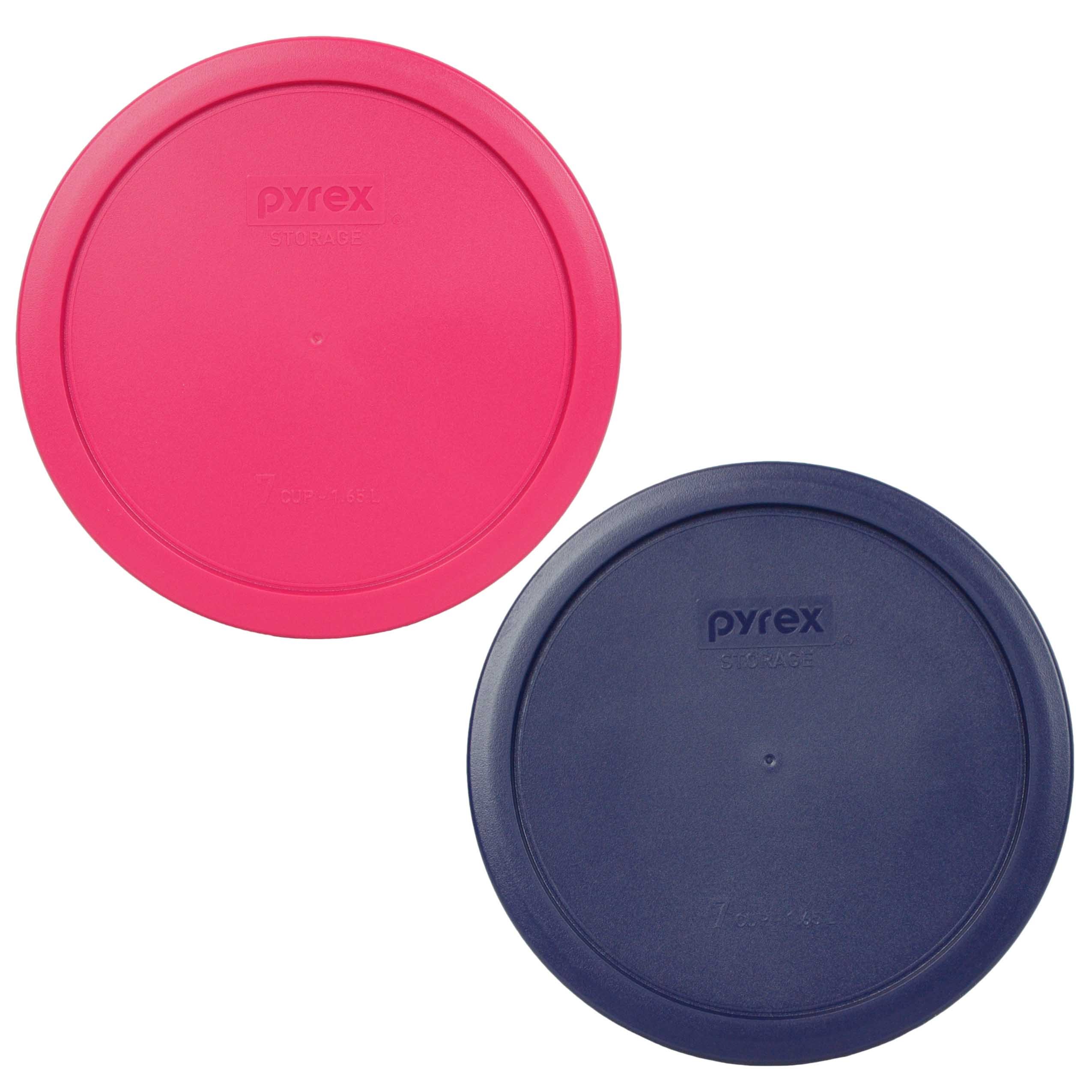Pyrex 7402-PC 6/7 Cup (1) Blue & (1) Fuchsia Pink Round Plastic Storage Lid, Made in USA