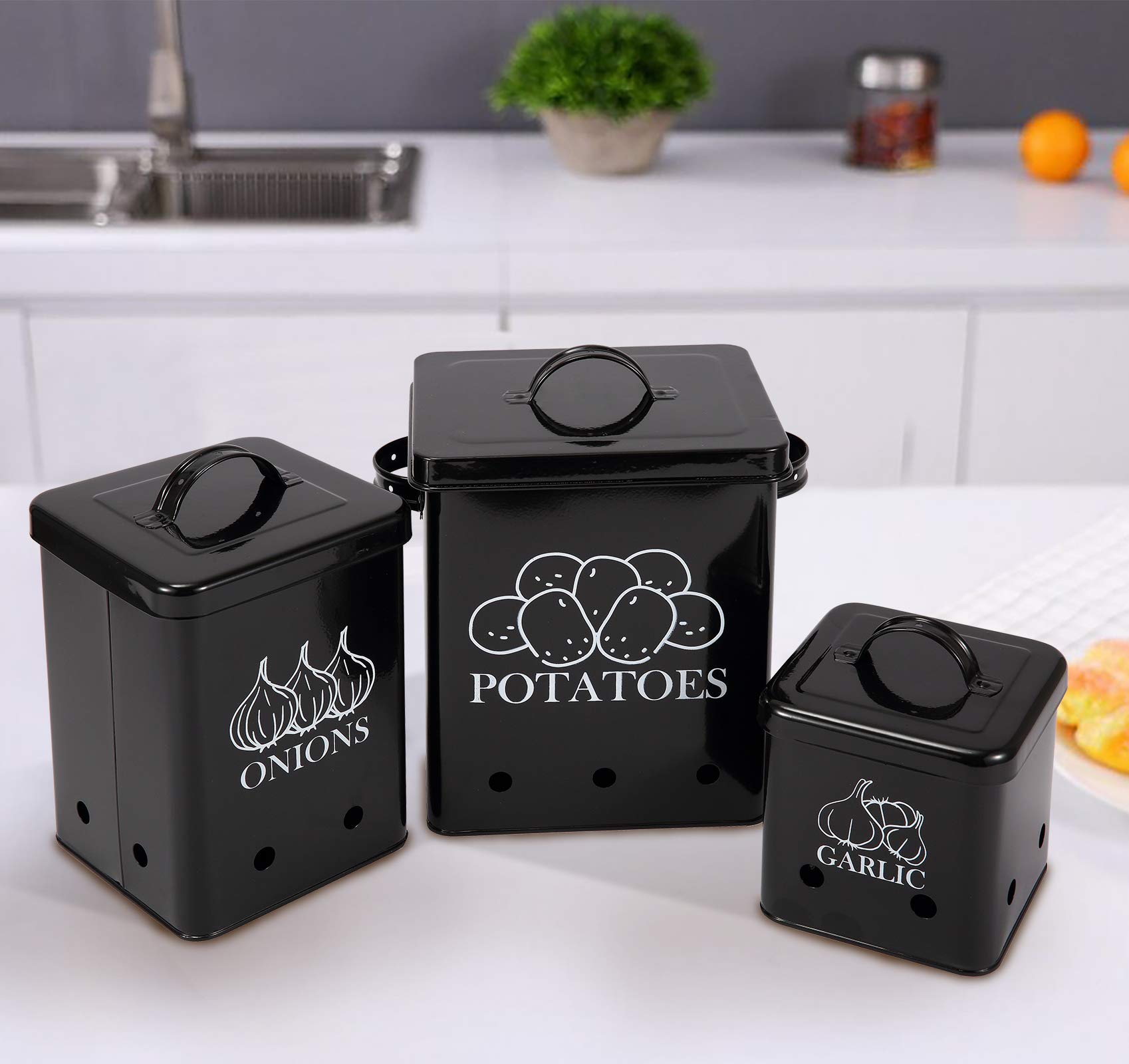 Potato Onion Kitchen Storage Canisters Jars Pots Containers 3 Pack Set - Potatoe, Garlic Bin Caddy, Long Shelf Life With Aerating Tin Storage Holes-Black