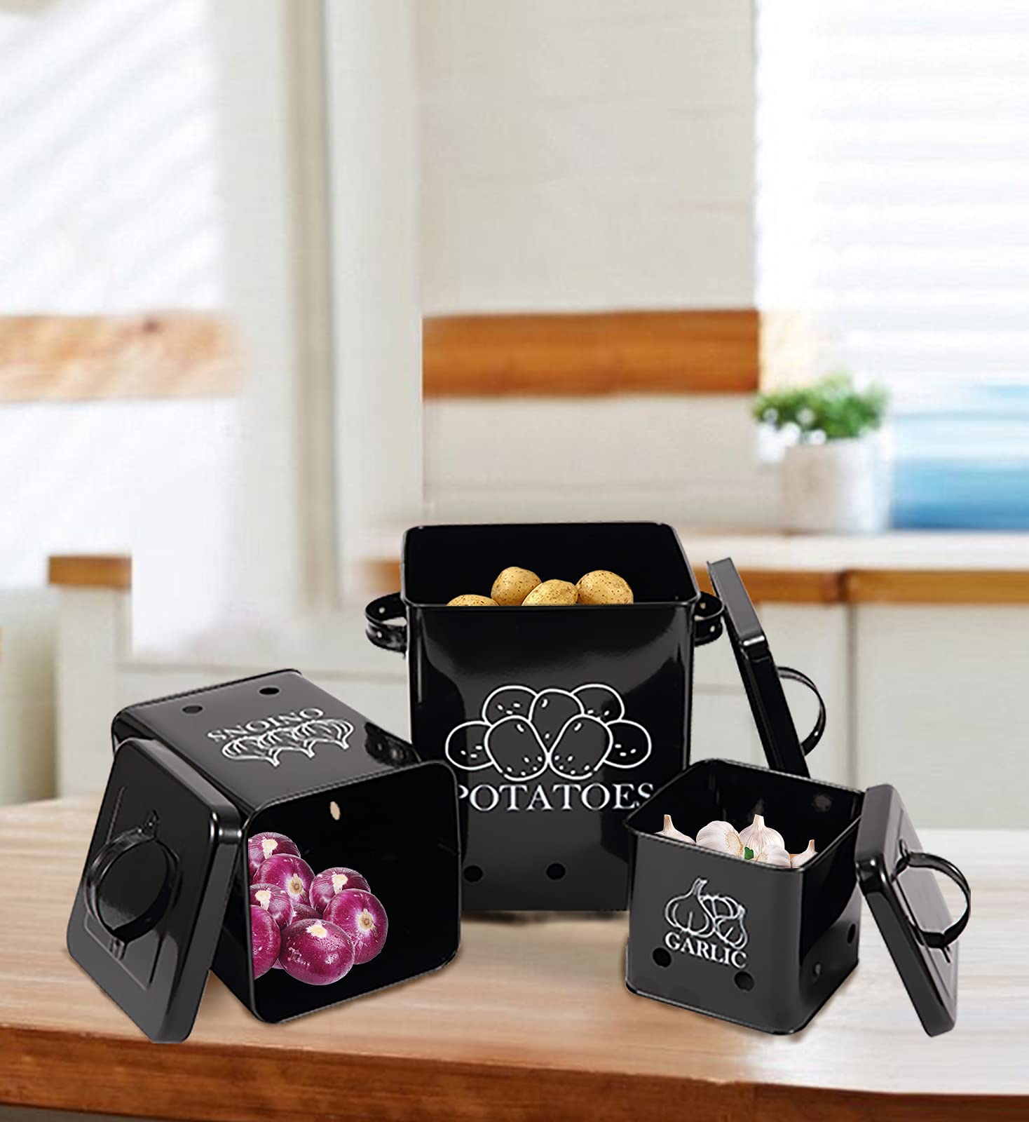 Potato Onion Kitchen Storage Canisters Jars Pots Containers 3 Pack Set - Potatoe, Garlic Bin Caddy, Long Shelf Life With Aerating Tin Storage Holes-Black