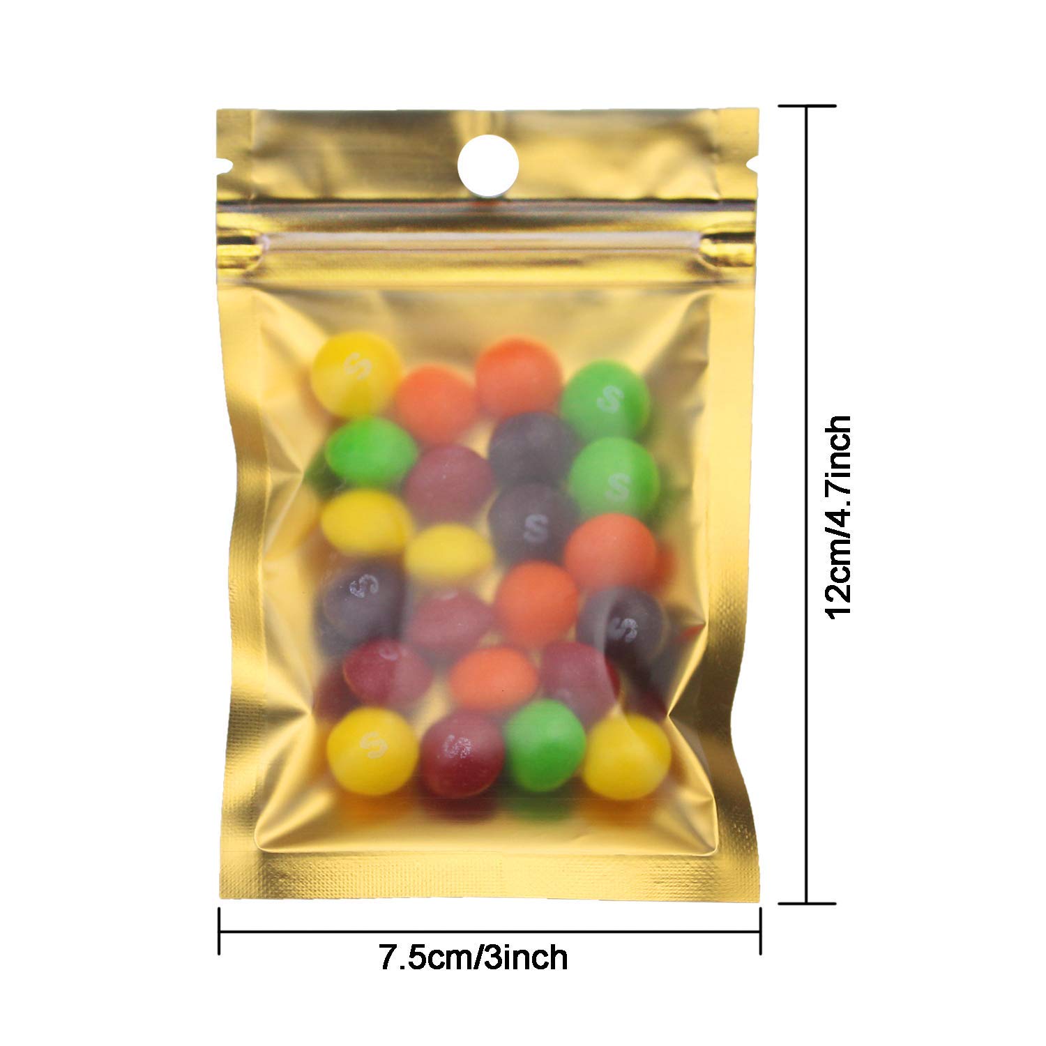 Luckkyme 150 Pack Mylar Zip Lock Bags Aluminum Foil Bags Durable Double-Sided Metallic Foil Mylar Flat Mini Ziplock Bag 7.5 x 12 cm/ 3 x 4.7 Inch (Gold)