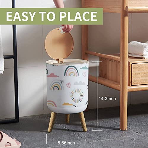Small Trash Can with Lid Seamless with Hand Drawn Rainbows and Sun Trendy Baby Texture for Wood Legs Press Cover Garbage Bin Round Waste Bin Wastebasket for Kitchen Bathroom Office 7L/1.8 Gallon