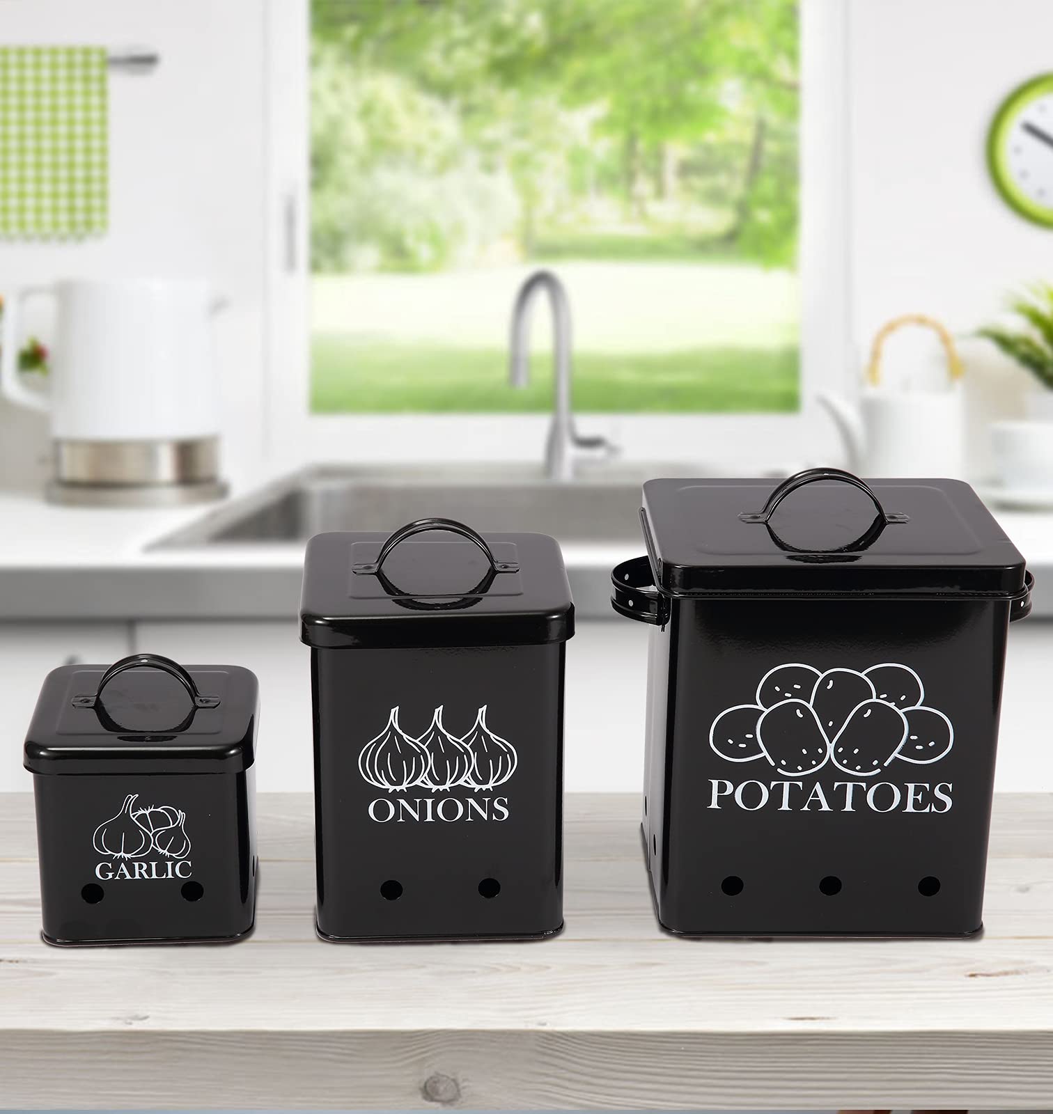 Potato Onion Kitchen Storage Canisters Jars Pots Containers 3 Pack Set - Potatoe, Garlic Bin Caddy, Long Shelf Life With Aerating Tin Storage Holes-Black