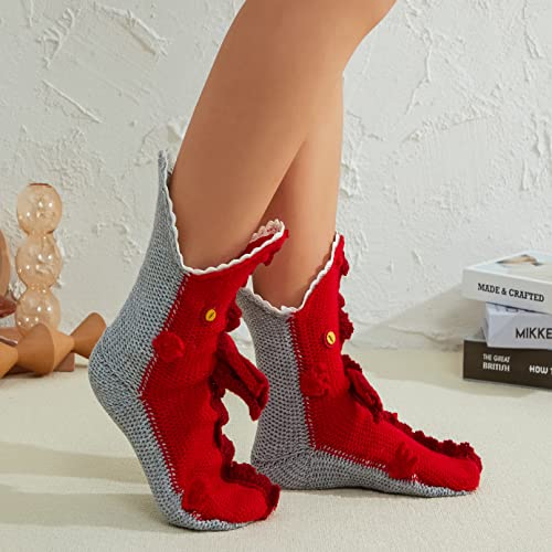 Unisex Knit Funny Animal Crocodile Socks Wool Warm Novelty Shark Floor Socks Winter 3D Chameleon Thick Knit Socks (Red Dragon, One Size)