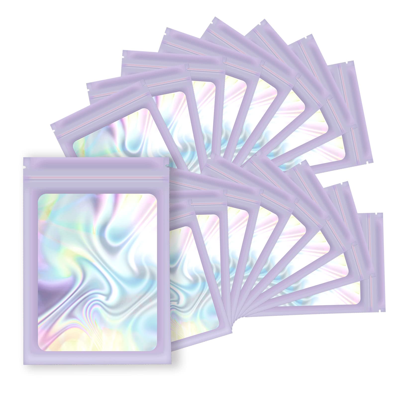 YOTOZU 100-Pack Holographic Resealable Bag Food Storage Aluminium Foil Mylar Smell Bag Plastic Flat Packaging Pouch for Party Favor Food Candy Jewelry Lip Gloss Optional Multi Color(Purple,4.7x7.8)