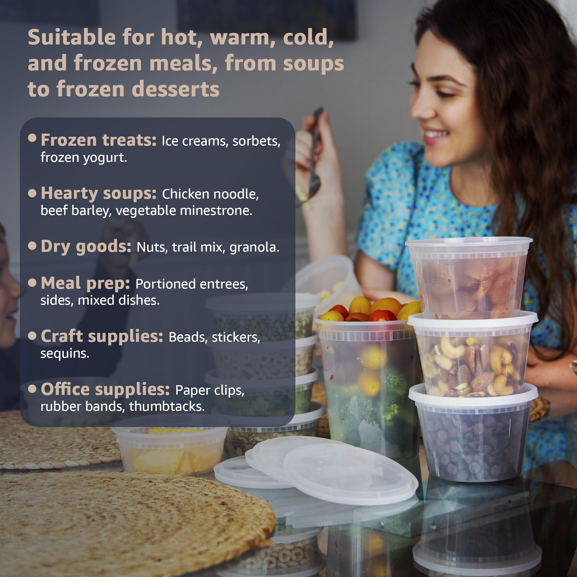 [48 Pack - 16 oz] Plastic Soup Cups Deli Food Storage Containers with Tight Lids Portion Control Non-Spill Stackable Microwaveable Freezer Dishwasher Safe