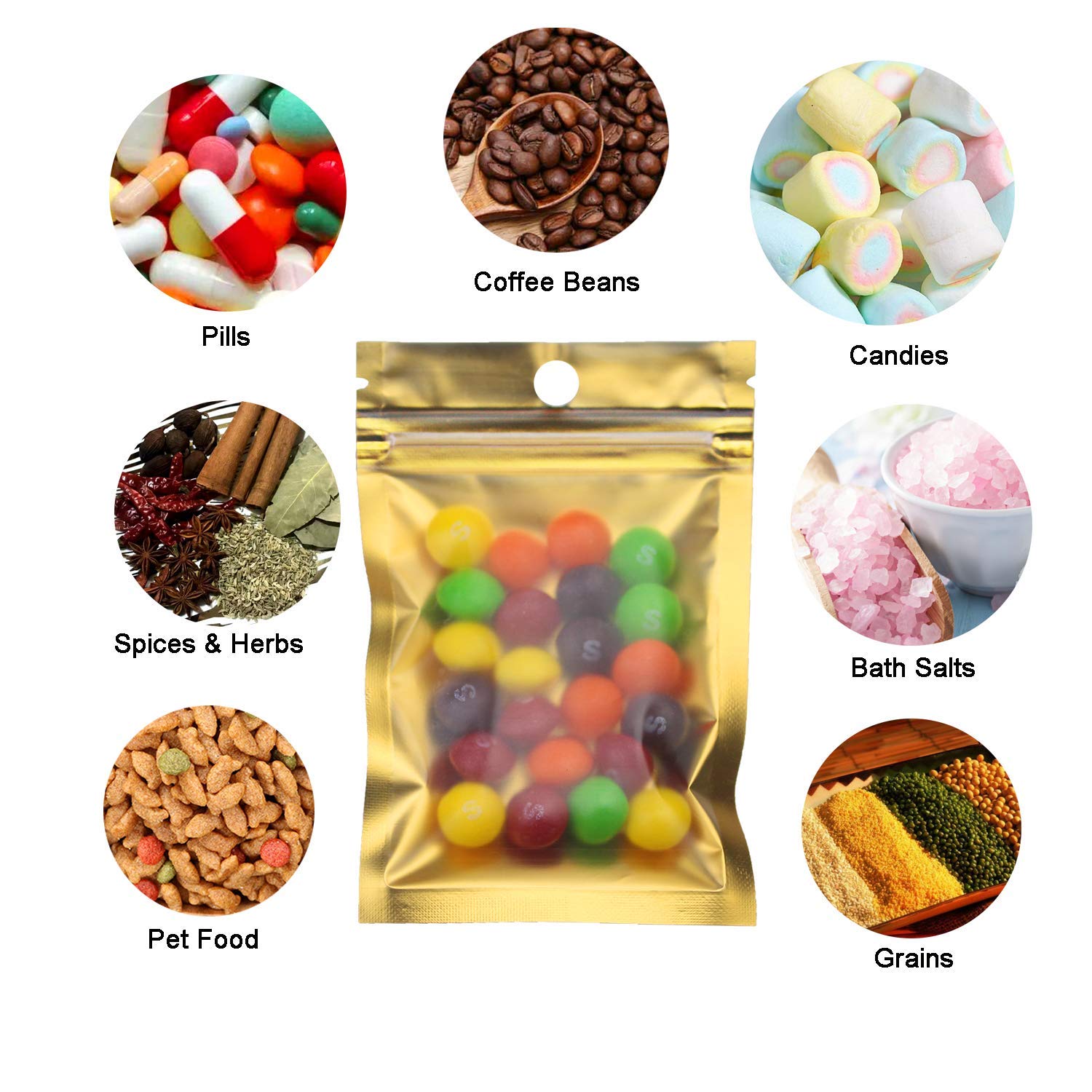 Luckkyme 150 Pack Mylar Zip Lock Bags Aluminum Foil Bags Durable Double-Sided Metallic Foil Mylar Flat Mini Ziplock Bag 7.5 x 12 cm/ 3 x 4.7 Inch (Gold)
