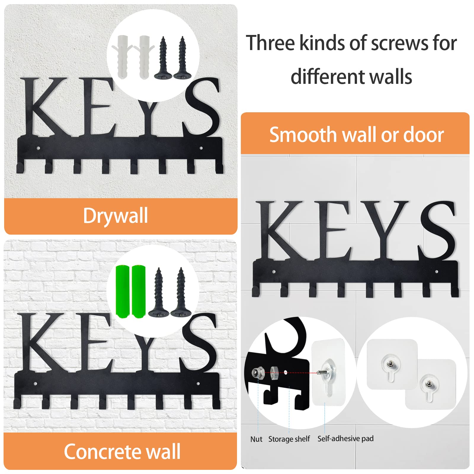 Key Holder for Wall, Nail-Free Key Holder, Wall Mounted Key Hooks for Wall, Metal Key Rack for Entryway, Hallway, Office, Matte Black,11.4''4.9''0.6''
