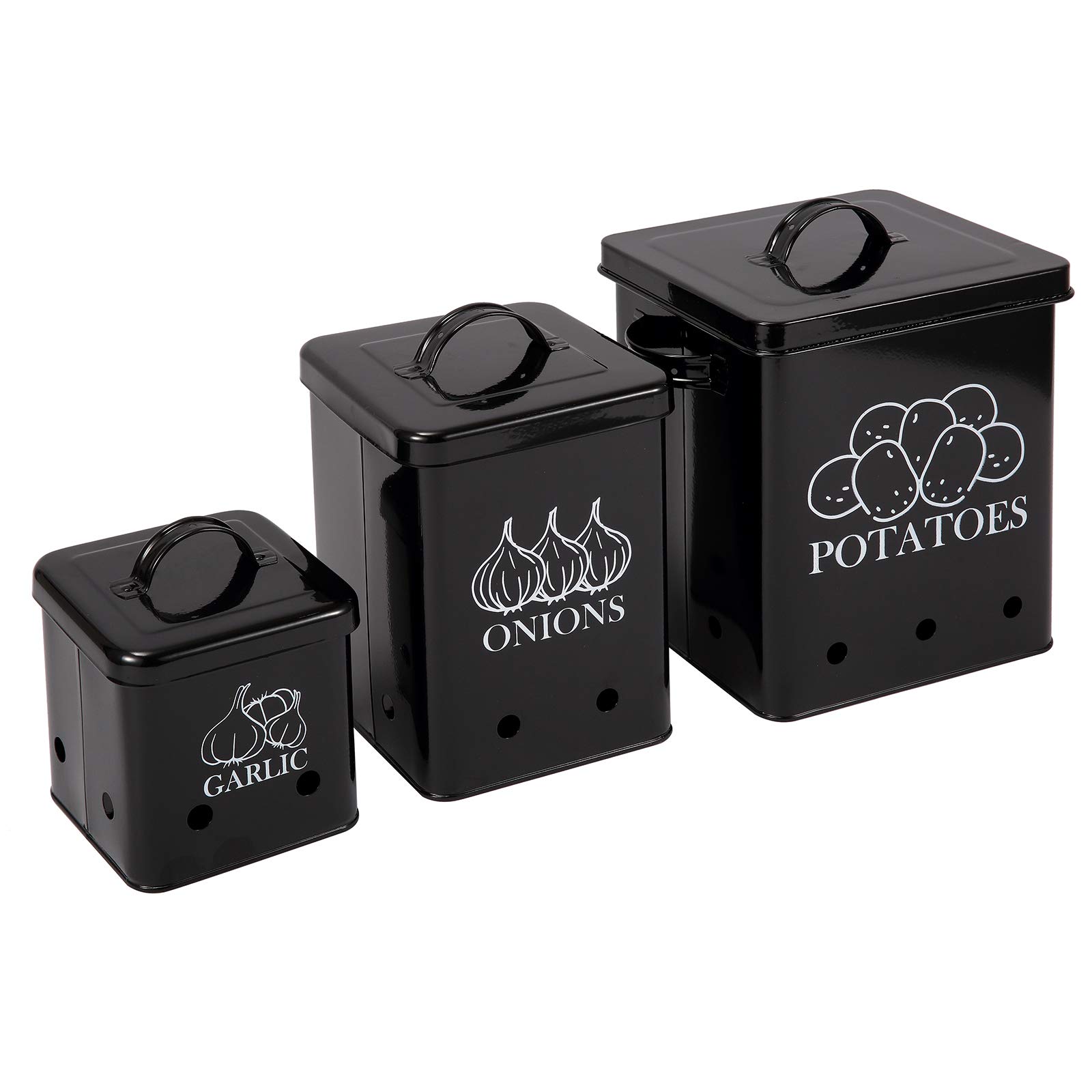 Potato Onion Kitchen Storage Canisters Jars Pots Containers 3 Pack Set - Potatoe, Garlic Bin Caddy, Long Shelf Life With Aerating Tin Storage Holes-Black