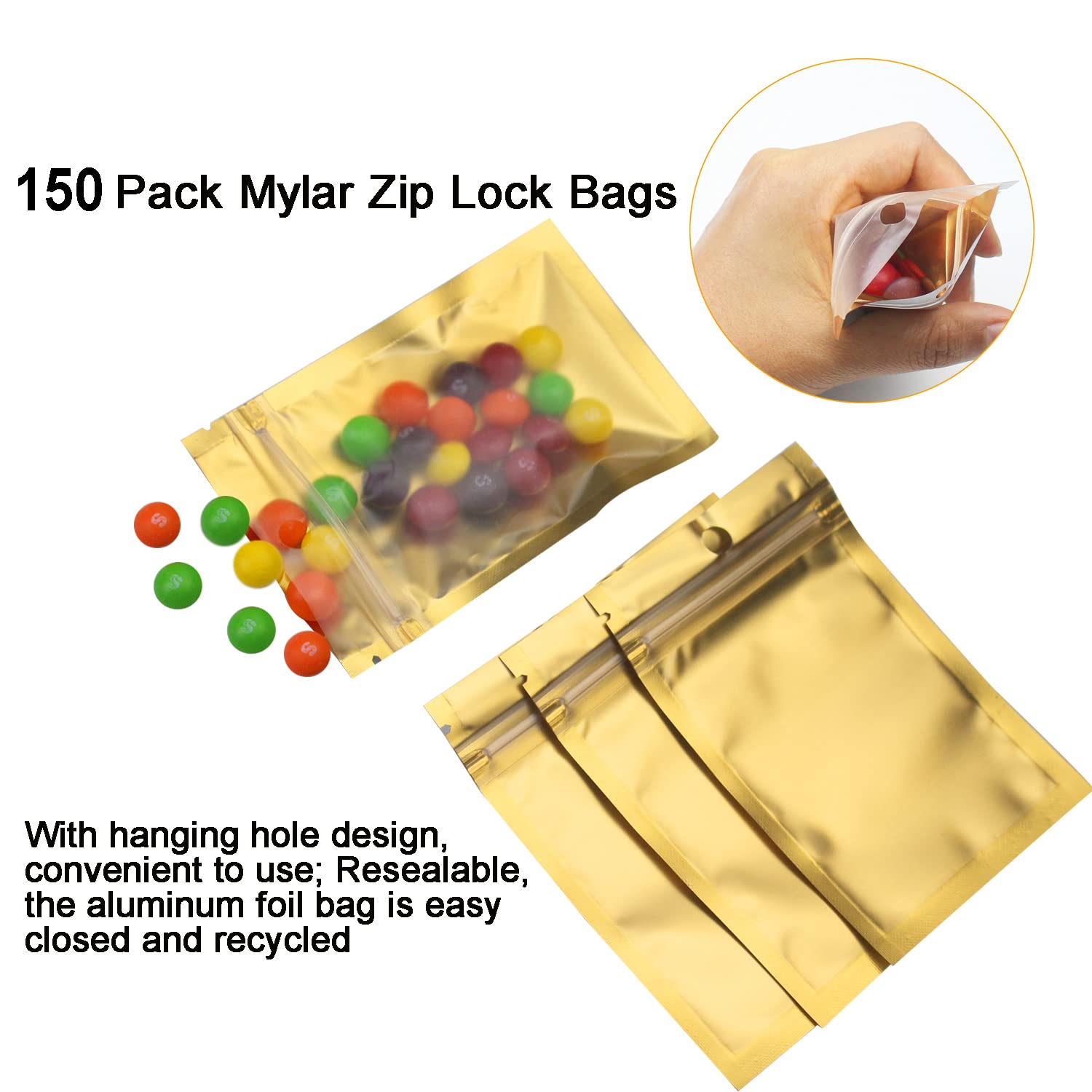 Luckkyme 150 Pack Mylar Zip Lock Bags Aluminum Foil Bags Durable Double-Sided Metallic Foil Mylar Flat Mini Ziplock Bag 7.5 x 12 cm/ 3 x 4.7 Inch (Gold)
