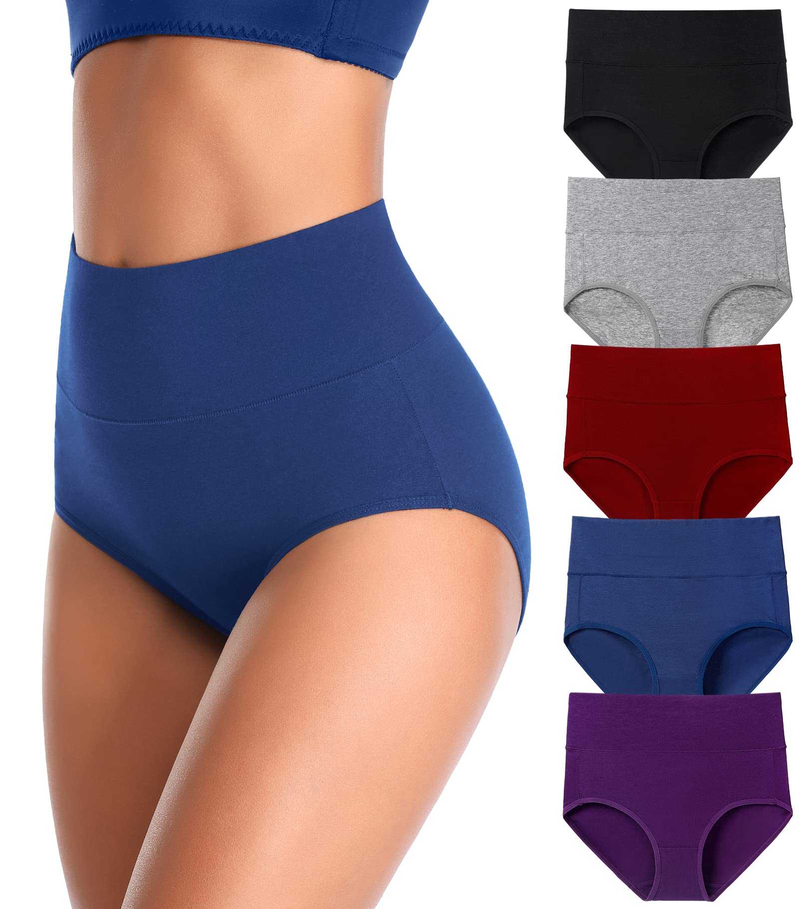 K-CHEONY Women's Underwear, High Waist Cotton Breathable Full Coverage Panties Brief Multipack Regular and Plus Size (Dark Assorted, 5 Pack, Medium)