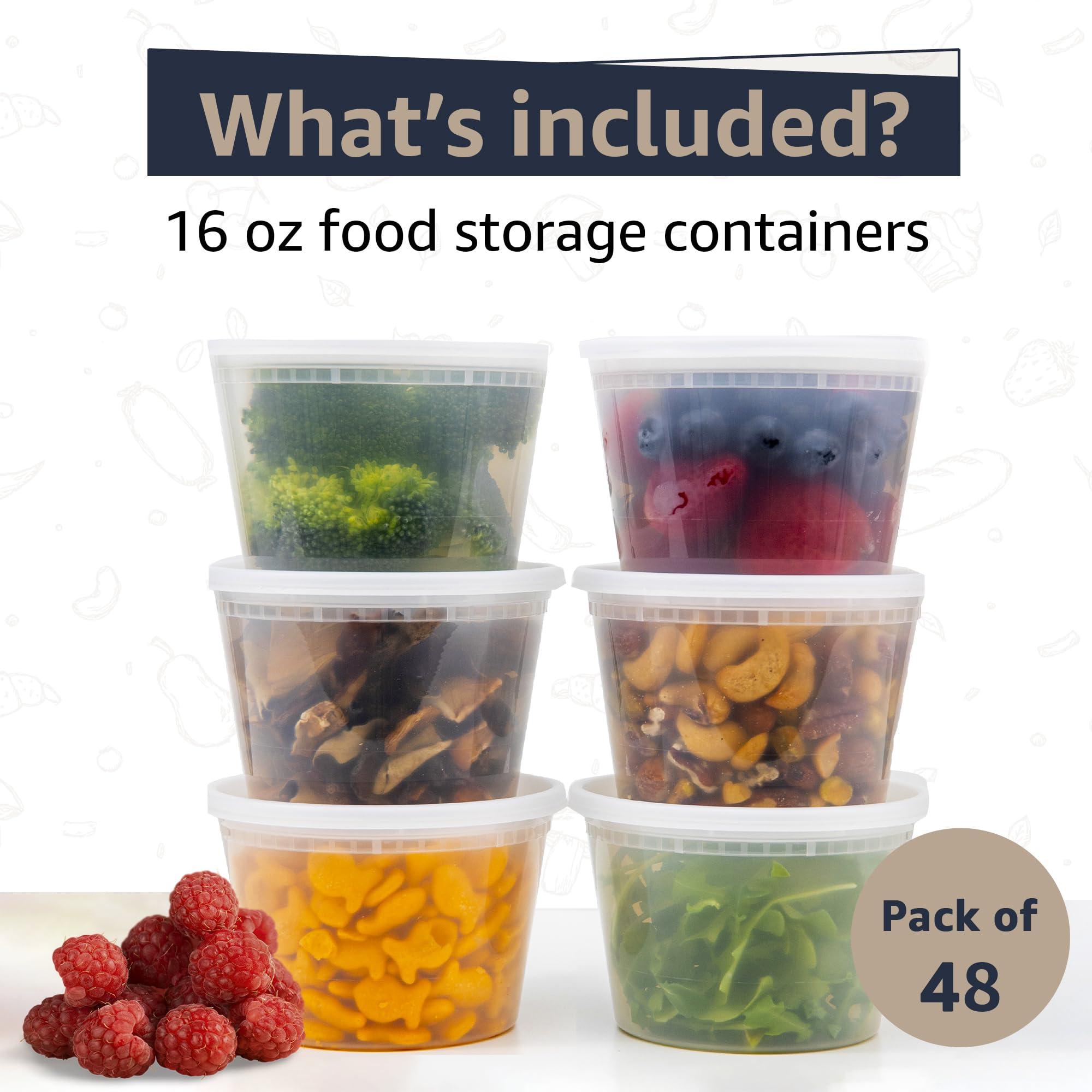 [48 Pack - 16 oz] Plastic Soup Cups Deli Food Storage Containers with Tight Lids Portion Control Non-Spill Stackable Microwaveable Freezer Dishwasher Safe
