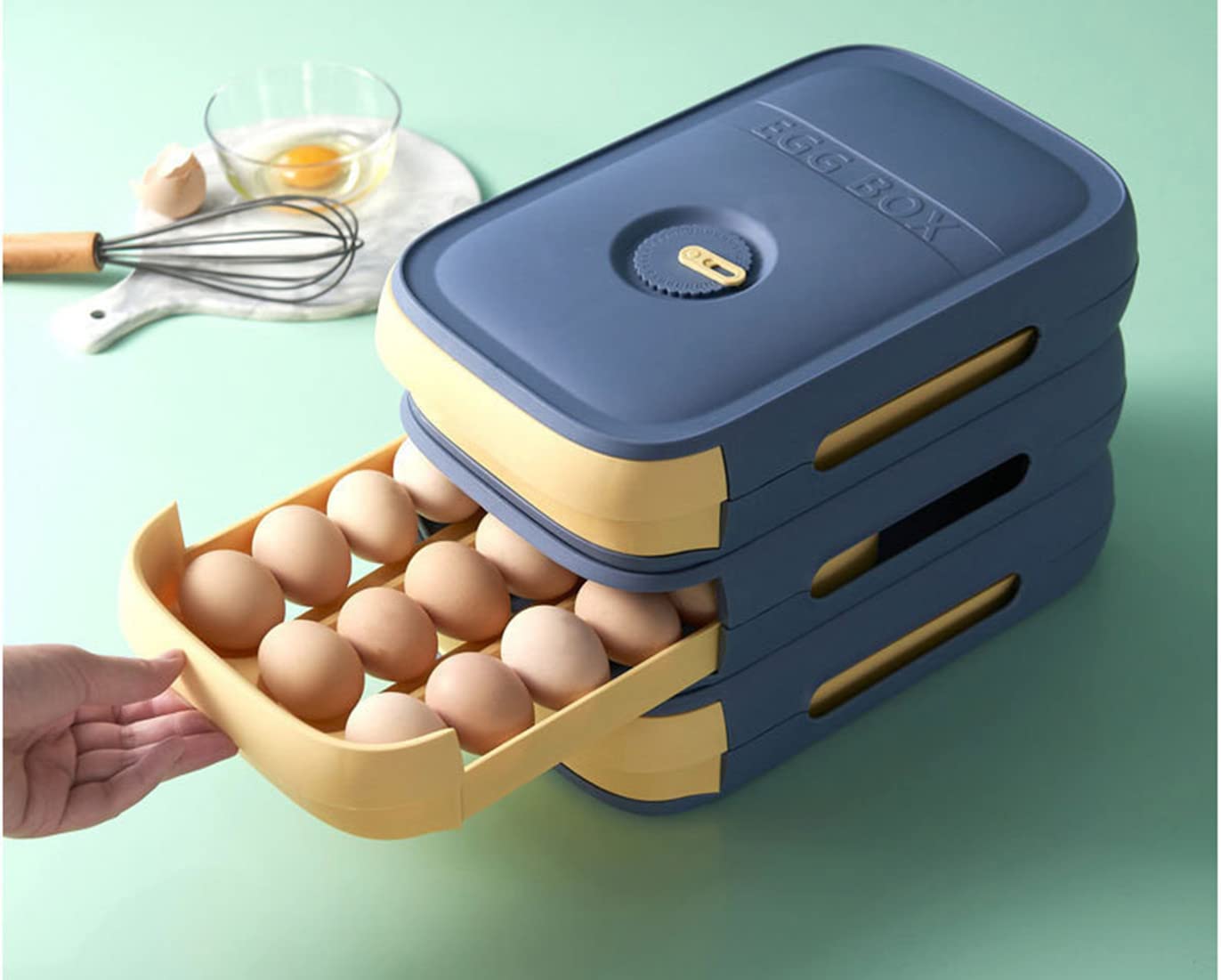 MMCCHB Drawer egg box,Egg storage box with lid,Kitchen plastic egg rack,The egg storage box with lid can be stacked and sealed to keep fresh, and can hold 18-21 eggs. (Blue)
