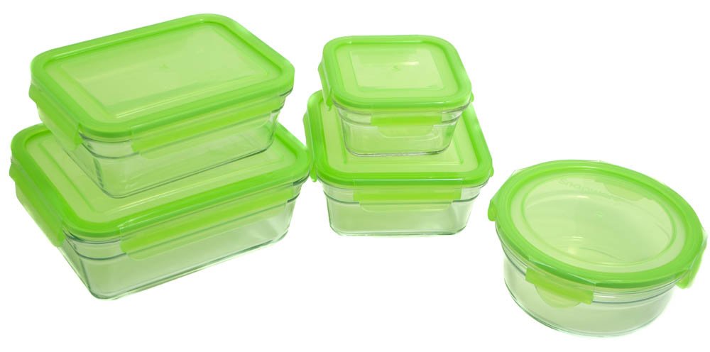 Snapware Glasslock Safe Food Glass Containers Set, Set of 5 Containers & 5 Lids, Color Green Lids