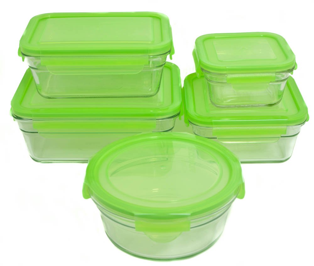Snapware Glasslock Safe Food Glass Containers Set, Set of 5 Containers & 5 Lids, Color Green Lids