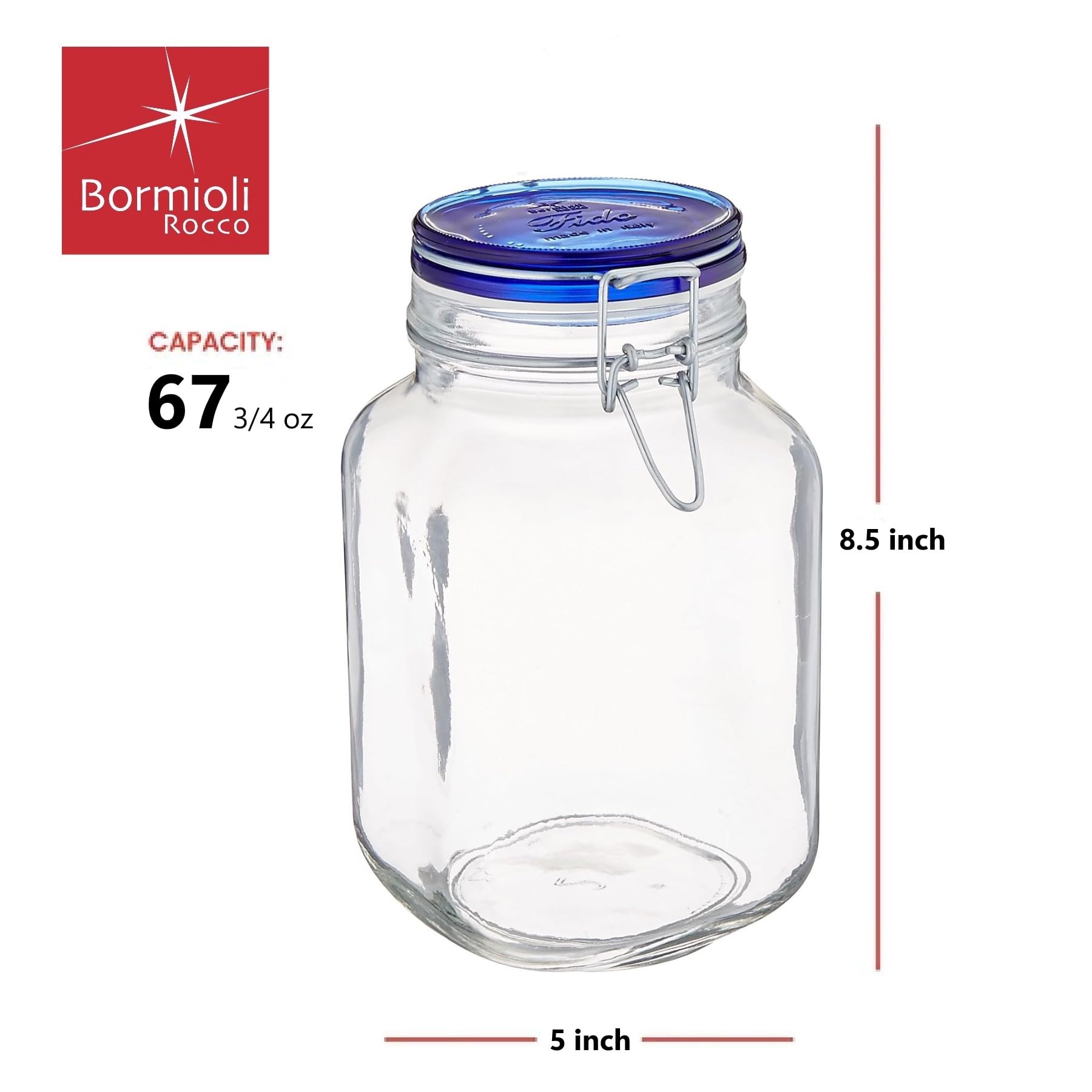 Bormioli Rocco Fido Collection, 2 Pack, 67.75 Oz. Food Storage Glass Jars, Airtight Rubber Seal & Glass Lid, With Stainless Wire Clamp,Made In Italy.