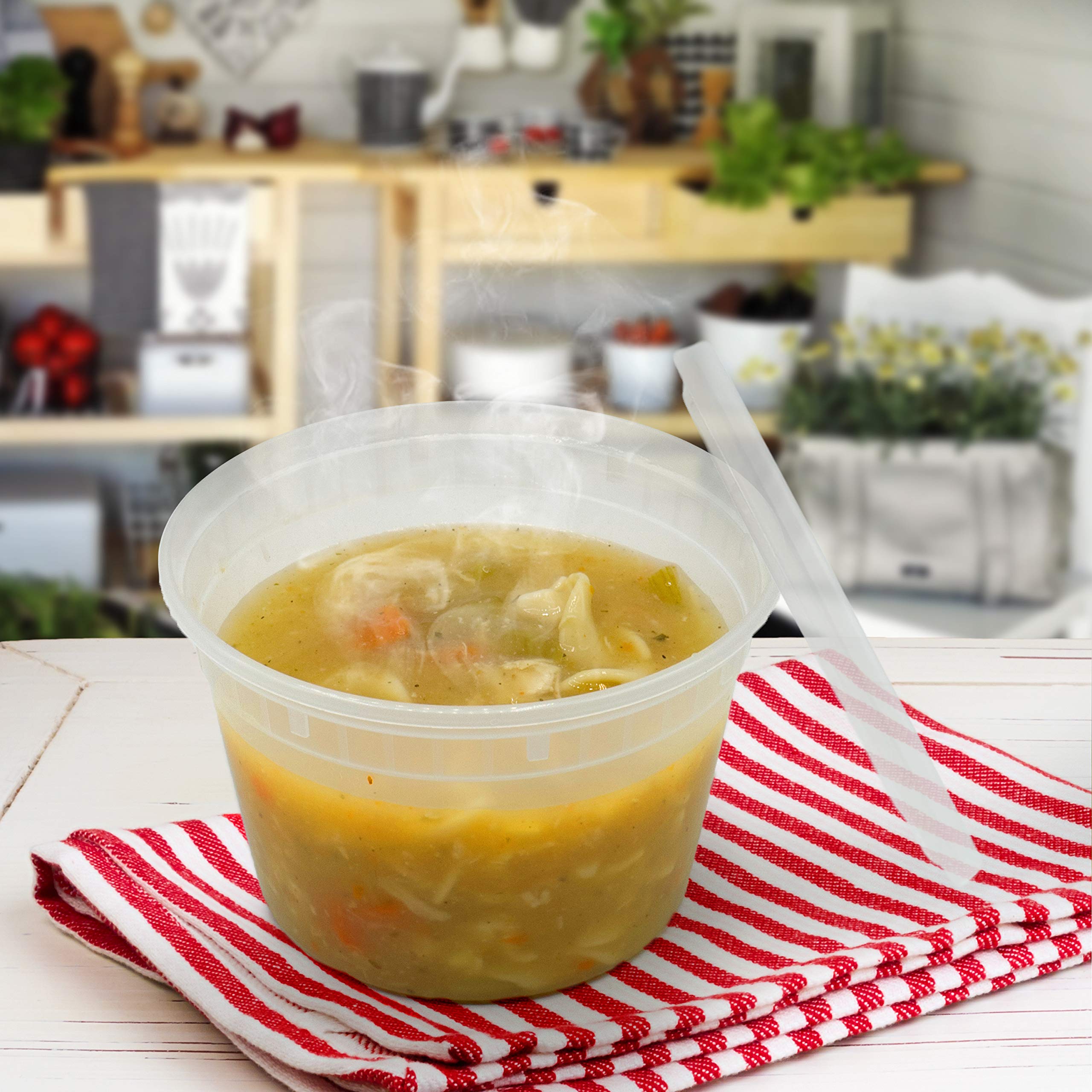 [48 Pack - 16 oz] Plastic Soup Cups Deli Food Storage Containers with Tight Lids Portion Control Non-Spill Stackable Microwaveable Freezer Dishwasher Safe